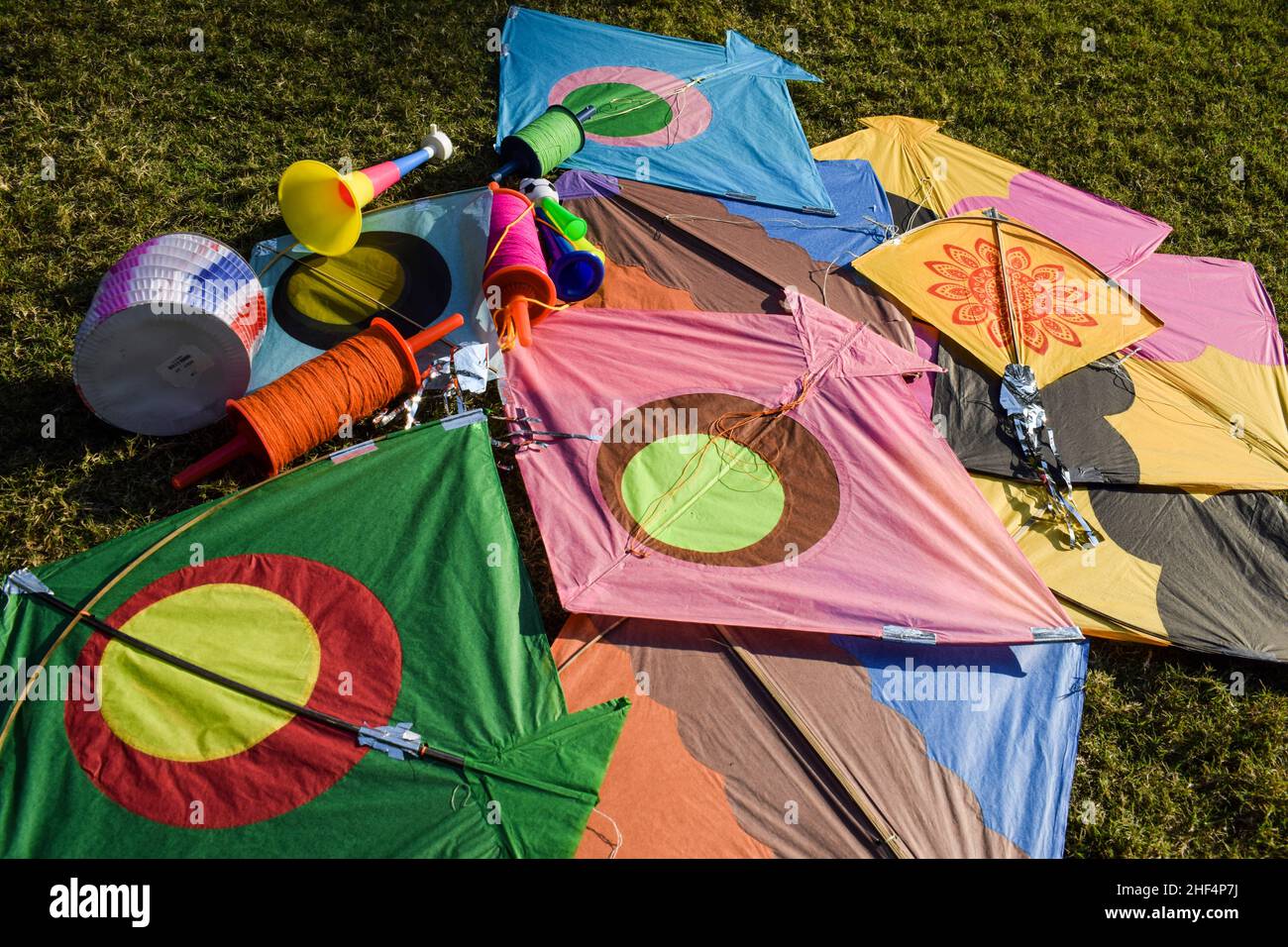 Sankranti kites patang flying outdoors. Colorful kites during kite ...
