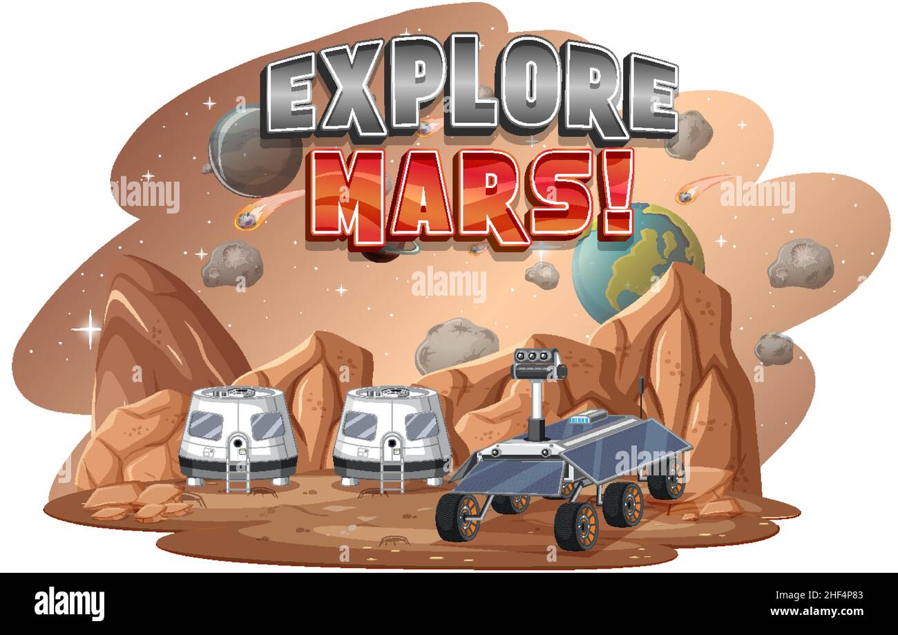Explore Mars word logo design with space station illustration Stock ...