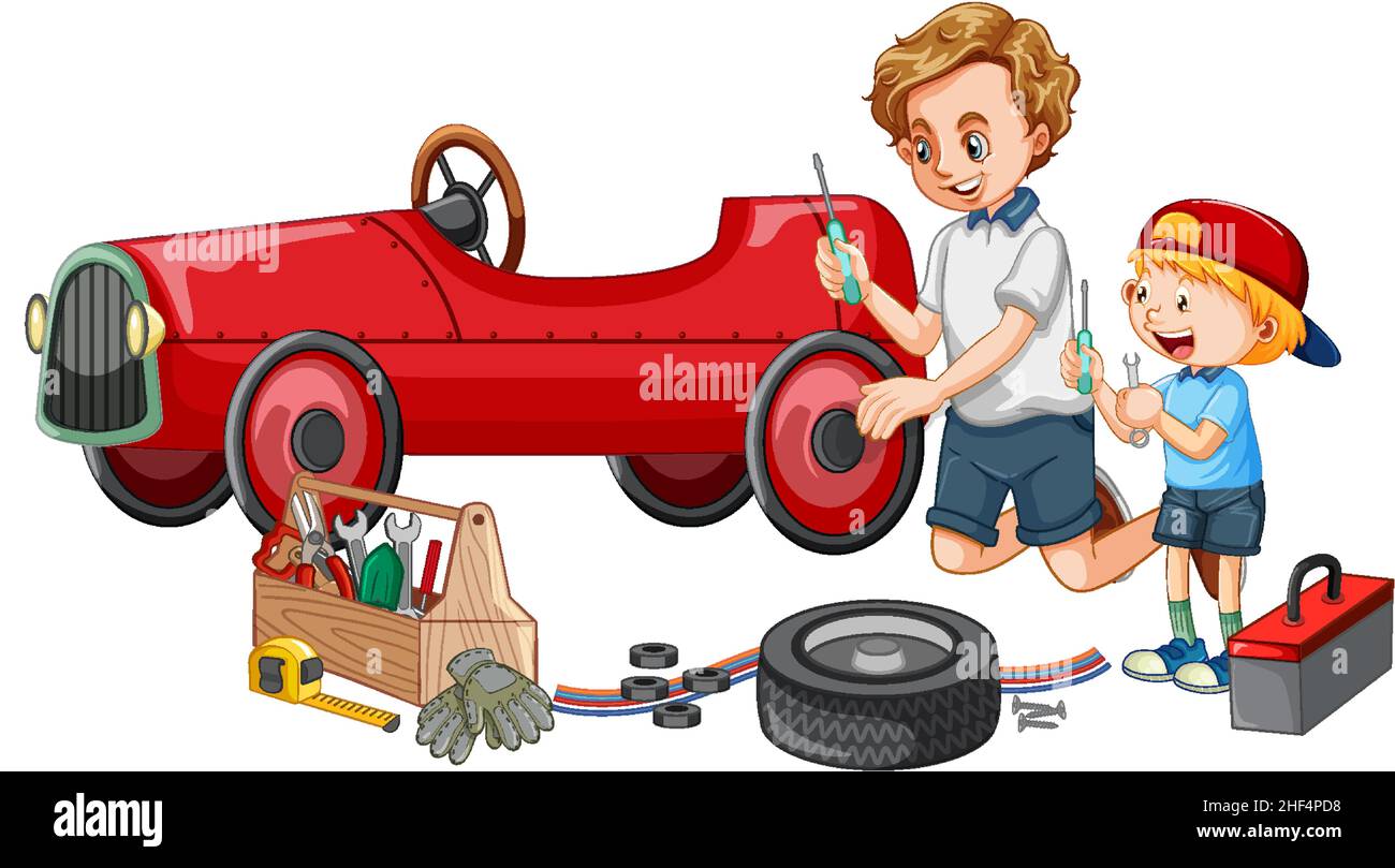 Dad and son repairing a car together illustration Stock Vector Image ...