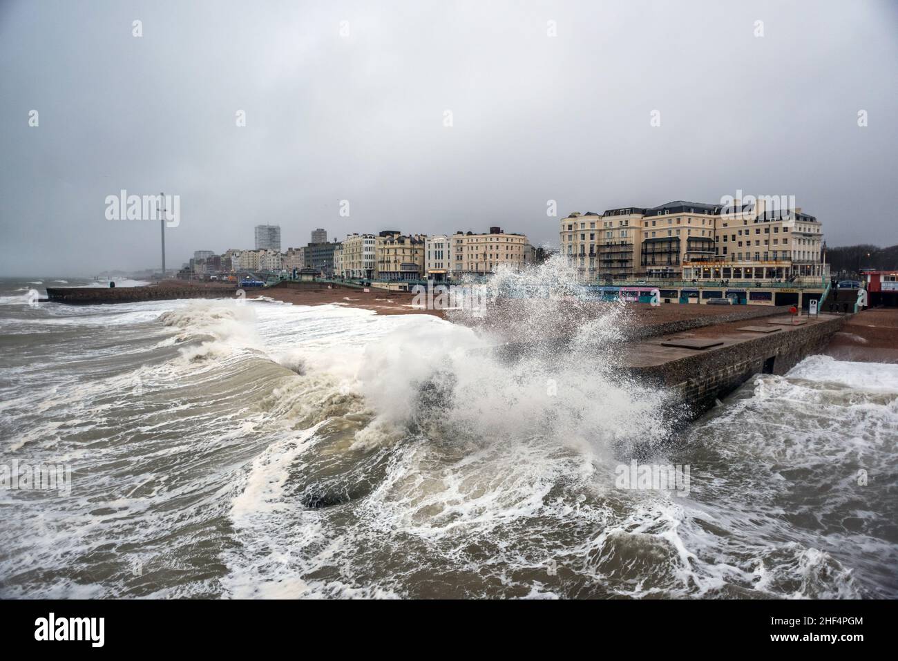 Brighton, January 8th 2022: Waves crashing onto Brighton beach at high ...