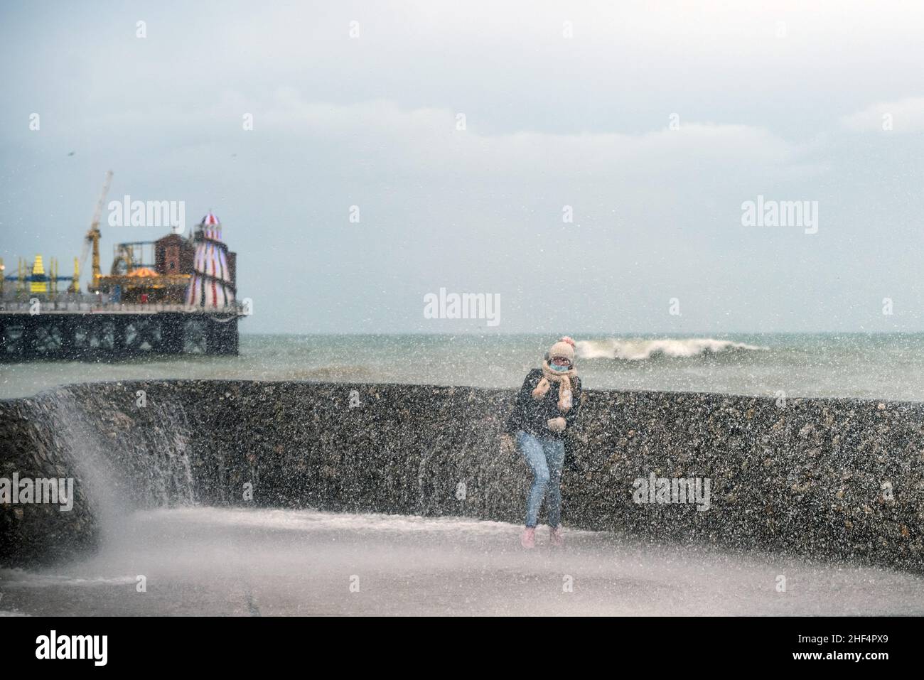 Brighton, January 8th 2022: Waves crashing onto Brighton beach at high ...