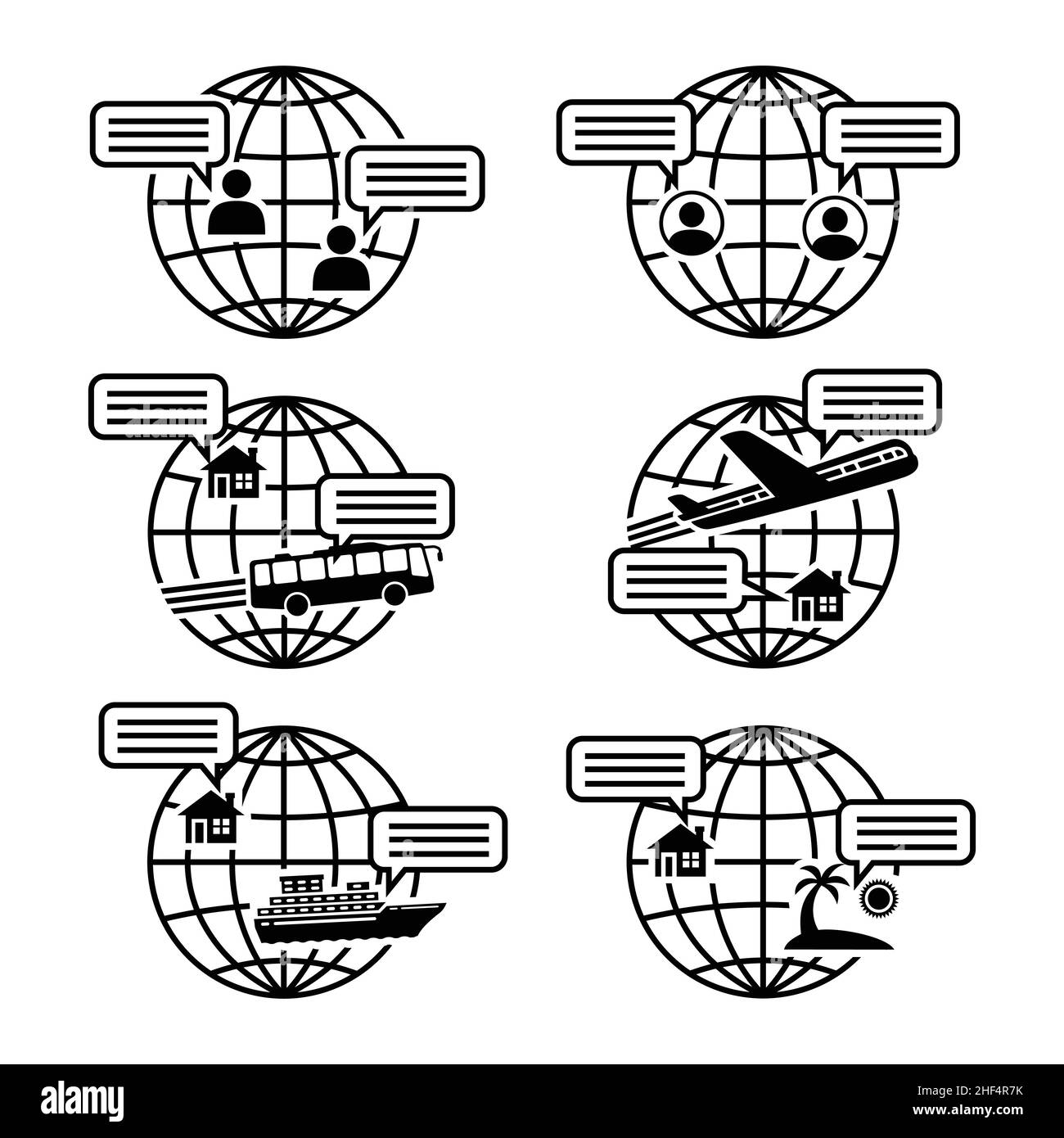 Global conversation icons set. Speech, bubble, chat, earth, globe ...