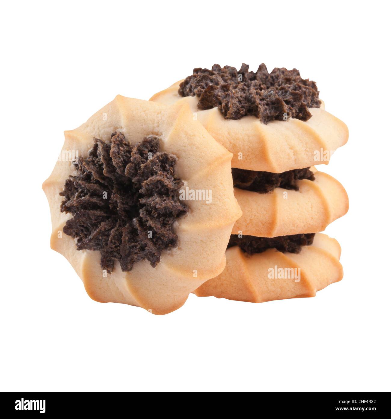 Stack of swirl shaped shortbread biscuits with chocolate center ...