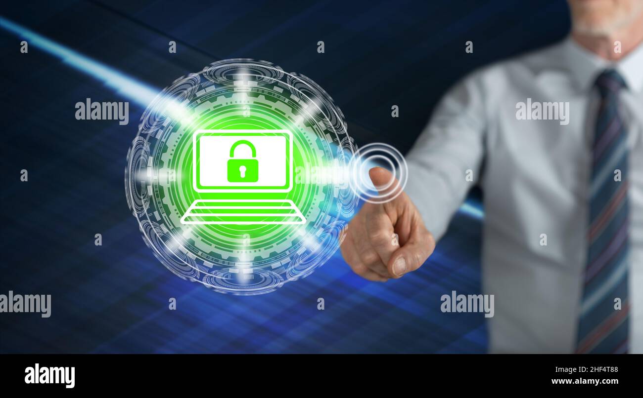Man touching a cyber security concept on a touch screen with his finger ...