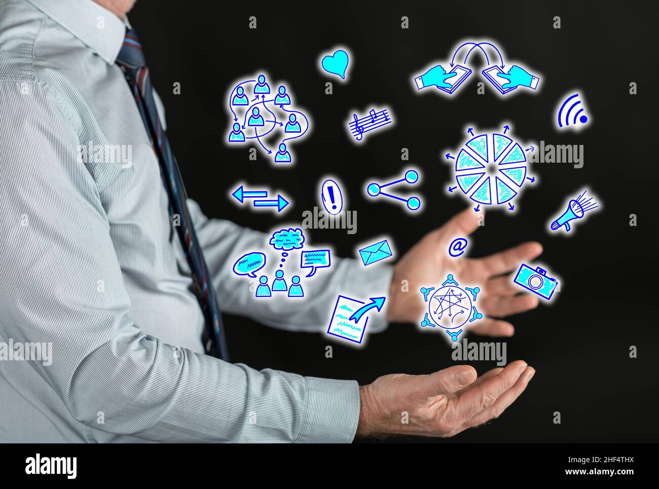 Share concept above the hands of a man Stock Photo - Alamy