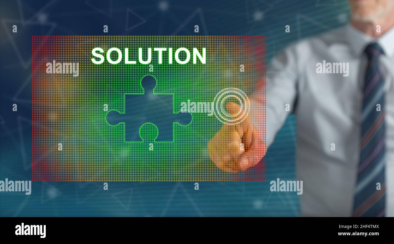 Man touching a solution concept on a touch screen with his finger Stock ...