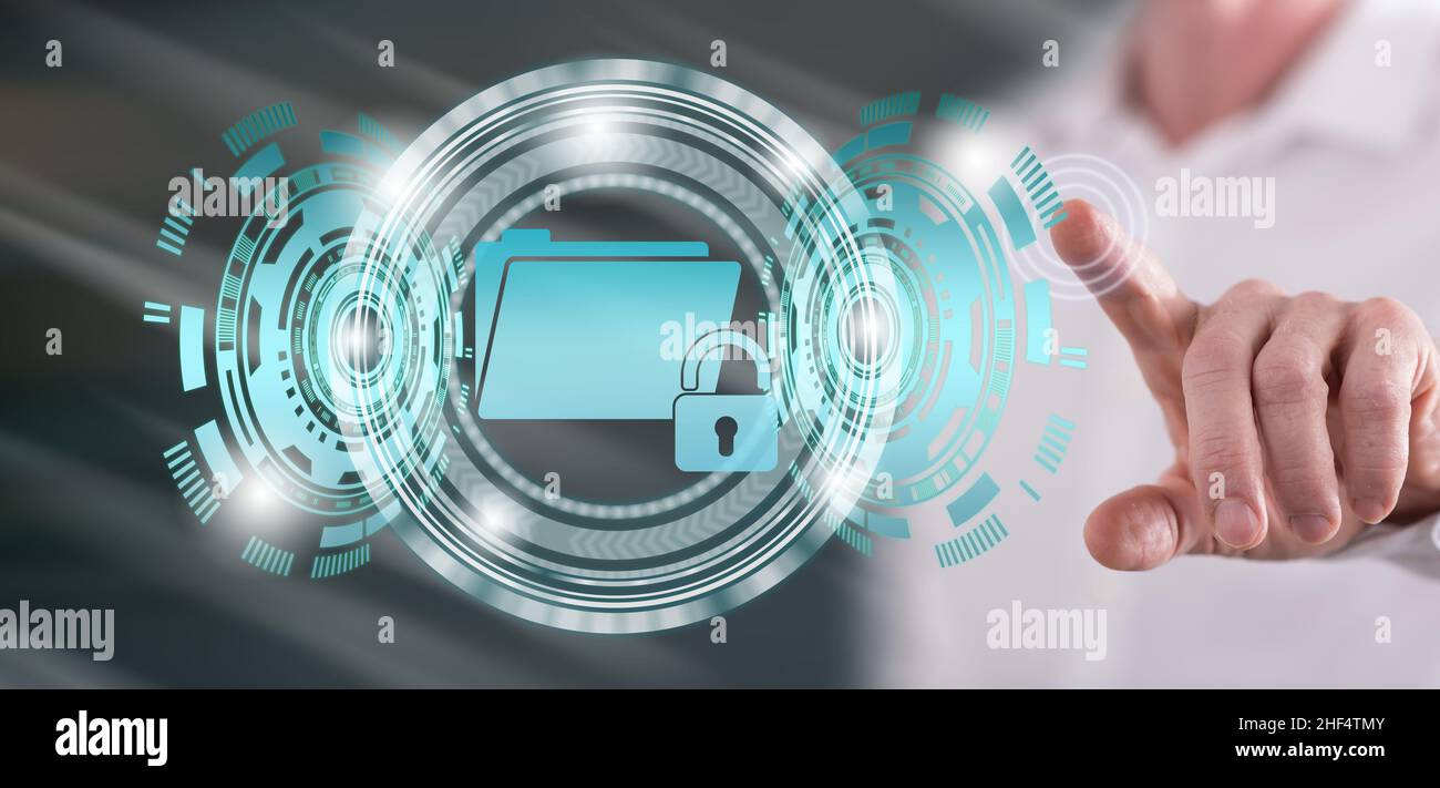 Man touching a data security concept on a touch screen with his finger ...