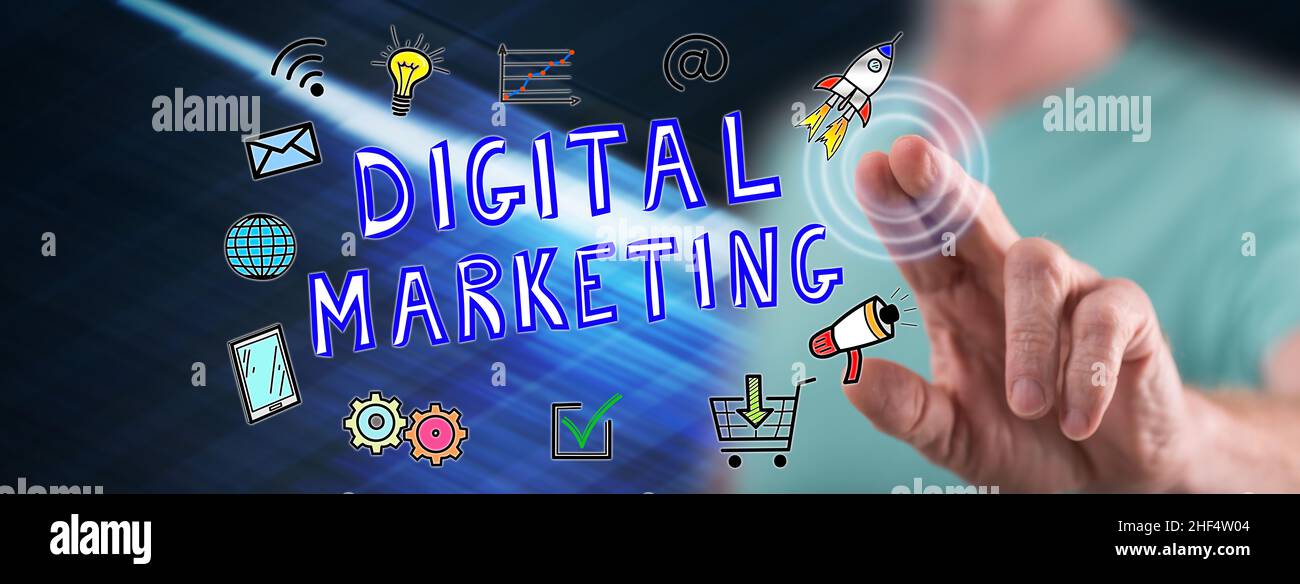 Man touching a digital marketing concept on a touch screen with his ...