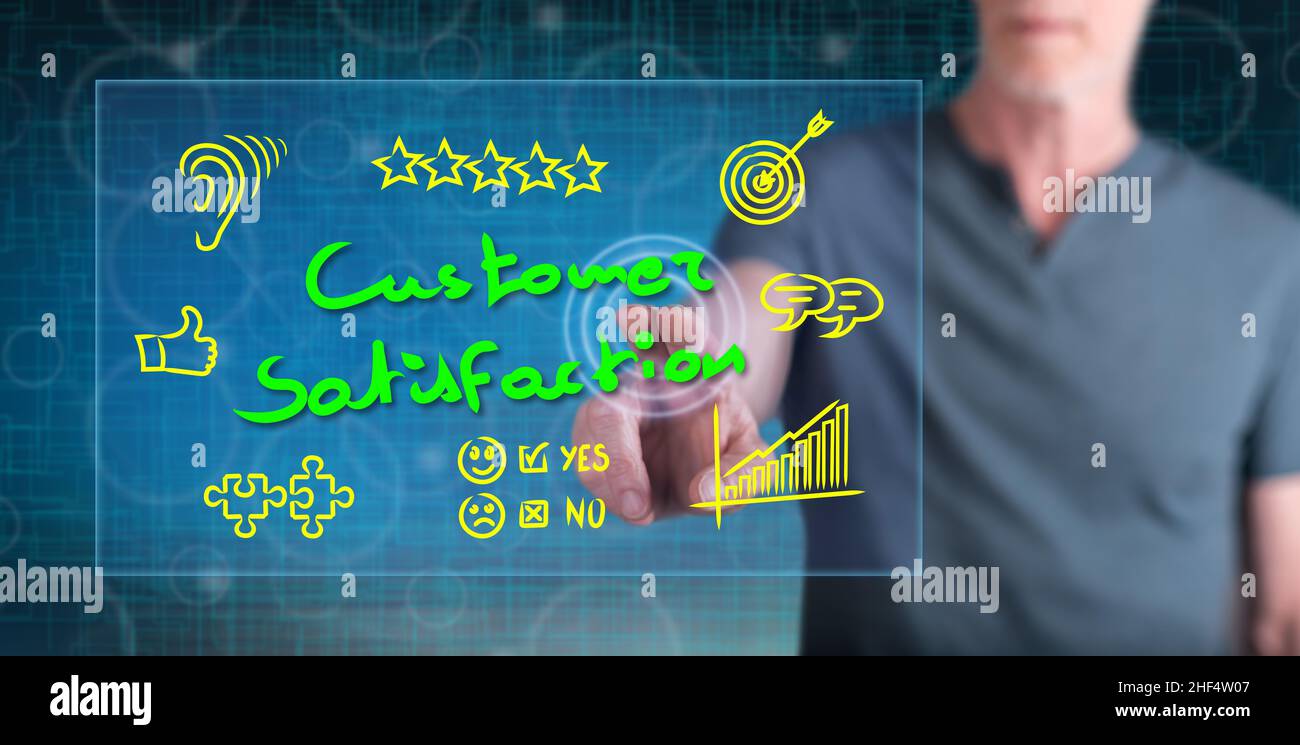 Man touching a customer satisfaction concept on a touch screen with his ...