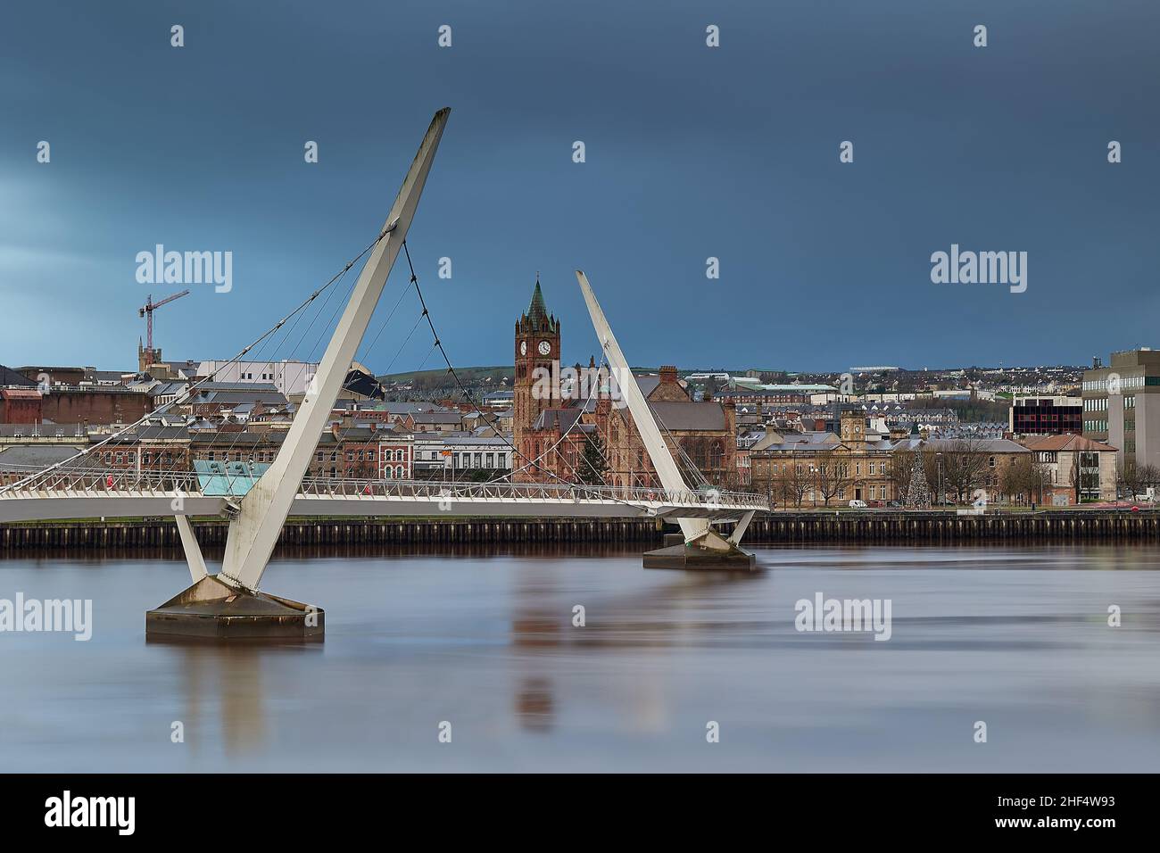 suspension bridge over the river Foyle of Londonderry, Peace Bridge ...