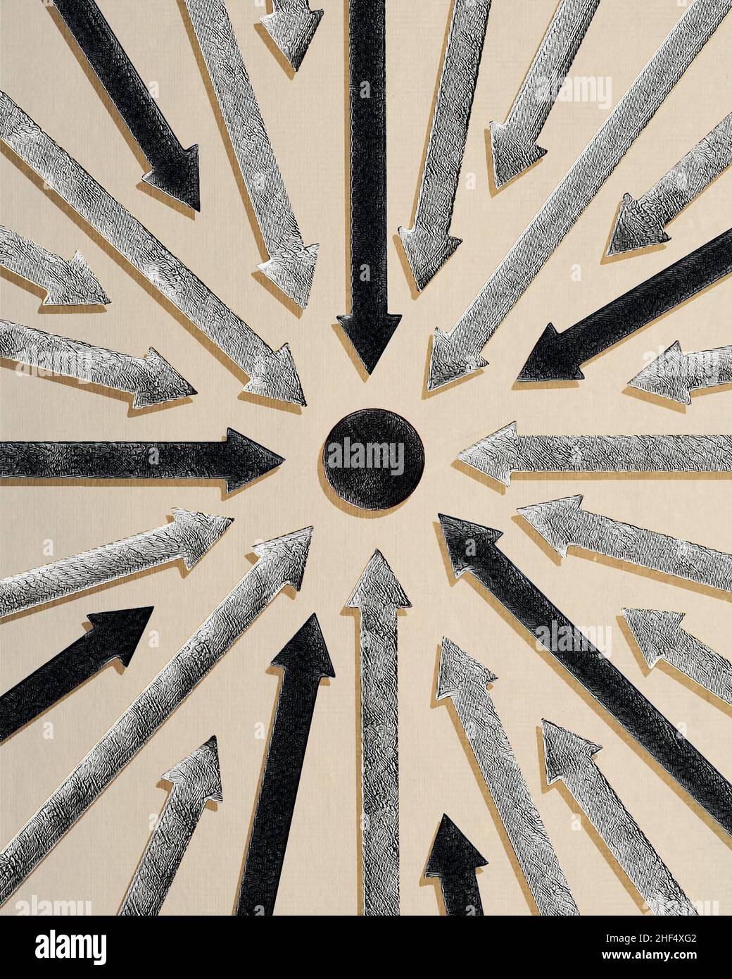 Arrows pointing at a circle in the center Stock Photo - Alamy