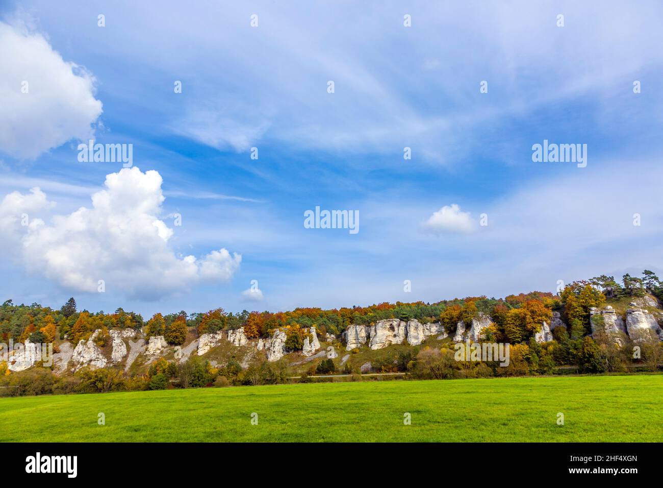 rock formation twelve apostles in Bavaria at altmuehl River Stock Photo ...