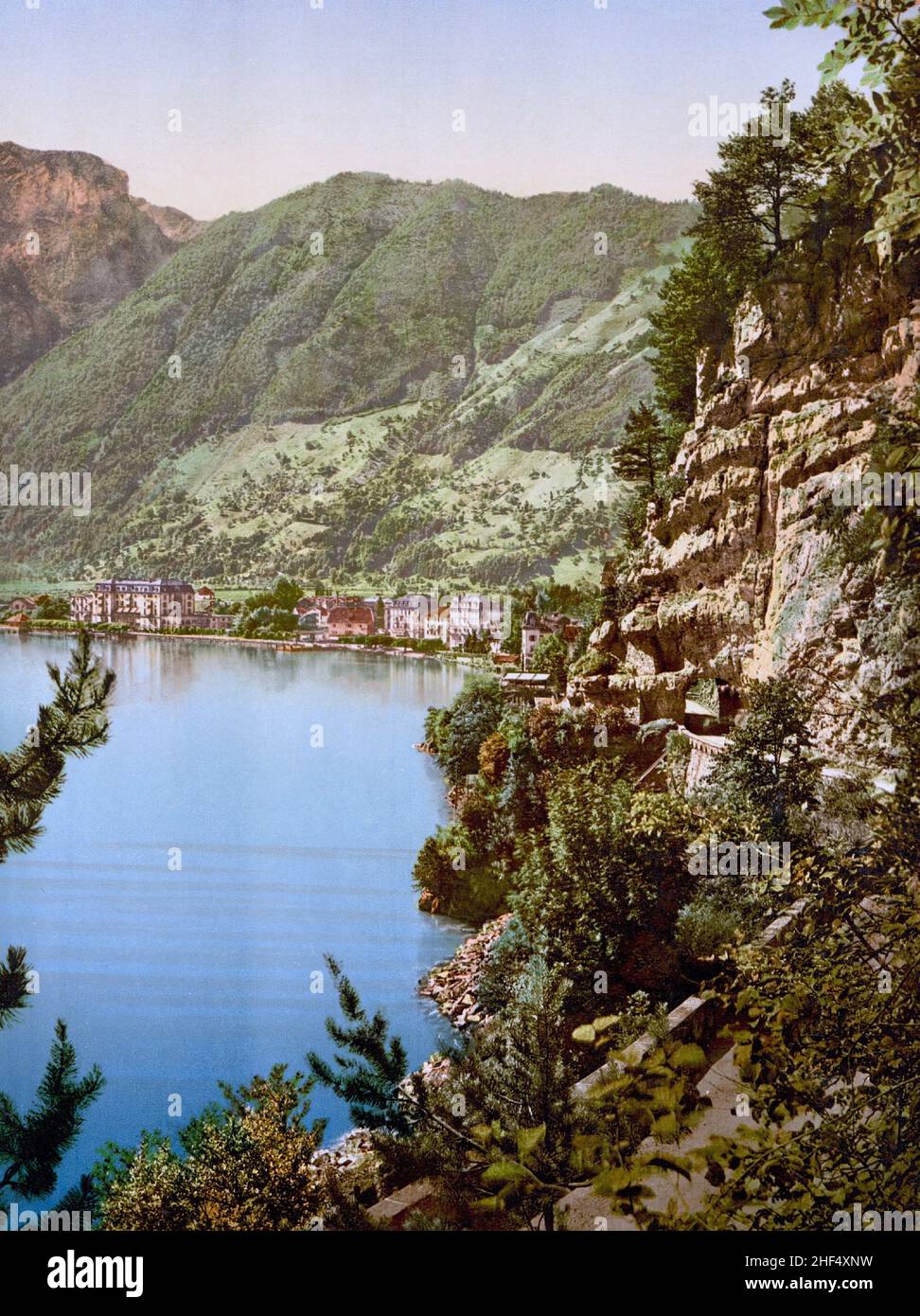 The Axenstrasse and Lake Lucerne, Brunnen, Schwyz, Switzerland 1890 ...