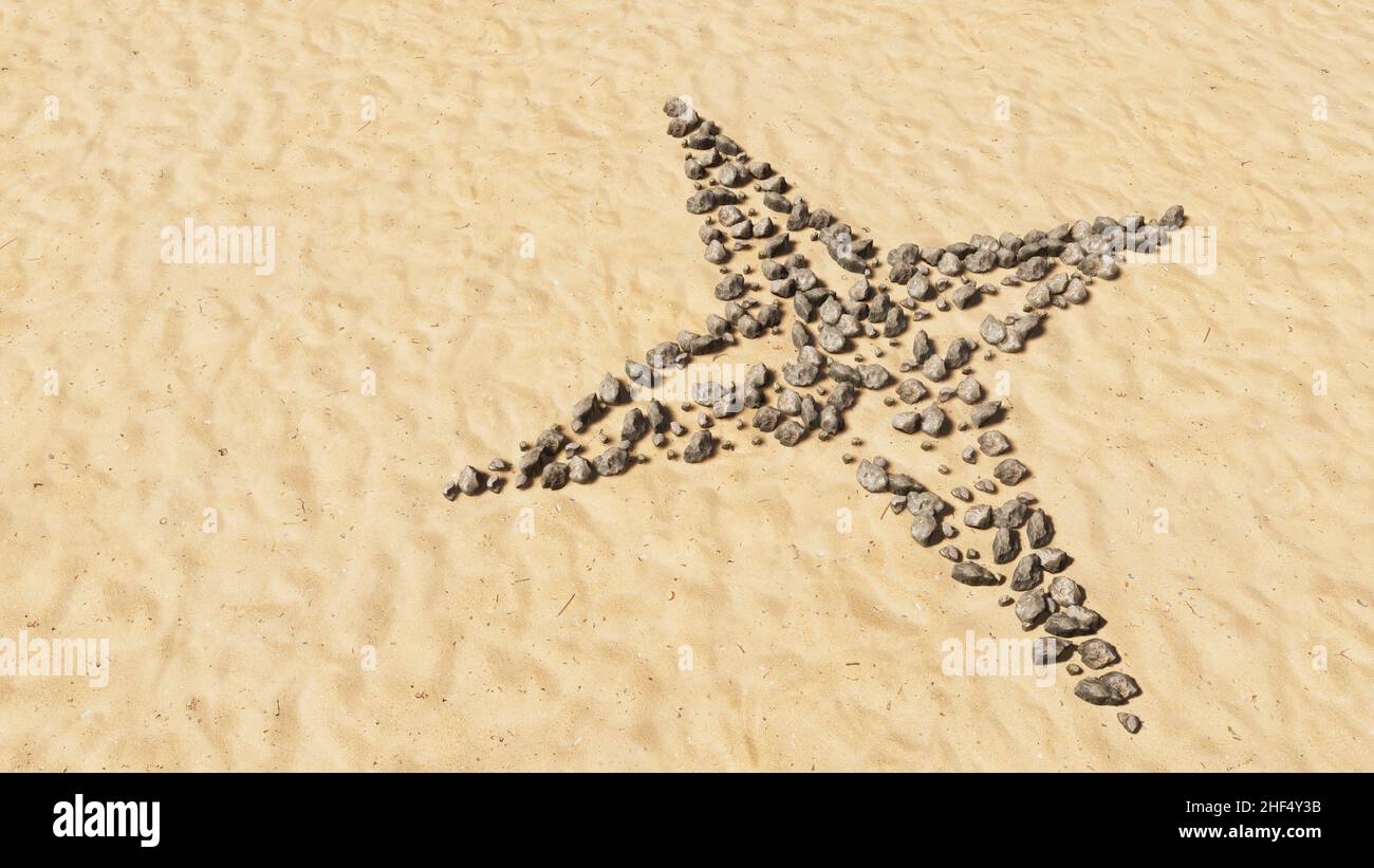 Concept conceptual stones on beach sand handmade symbol shape, golden ...