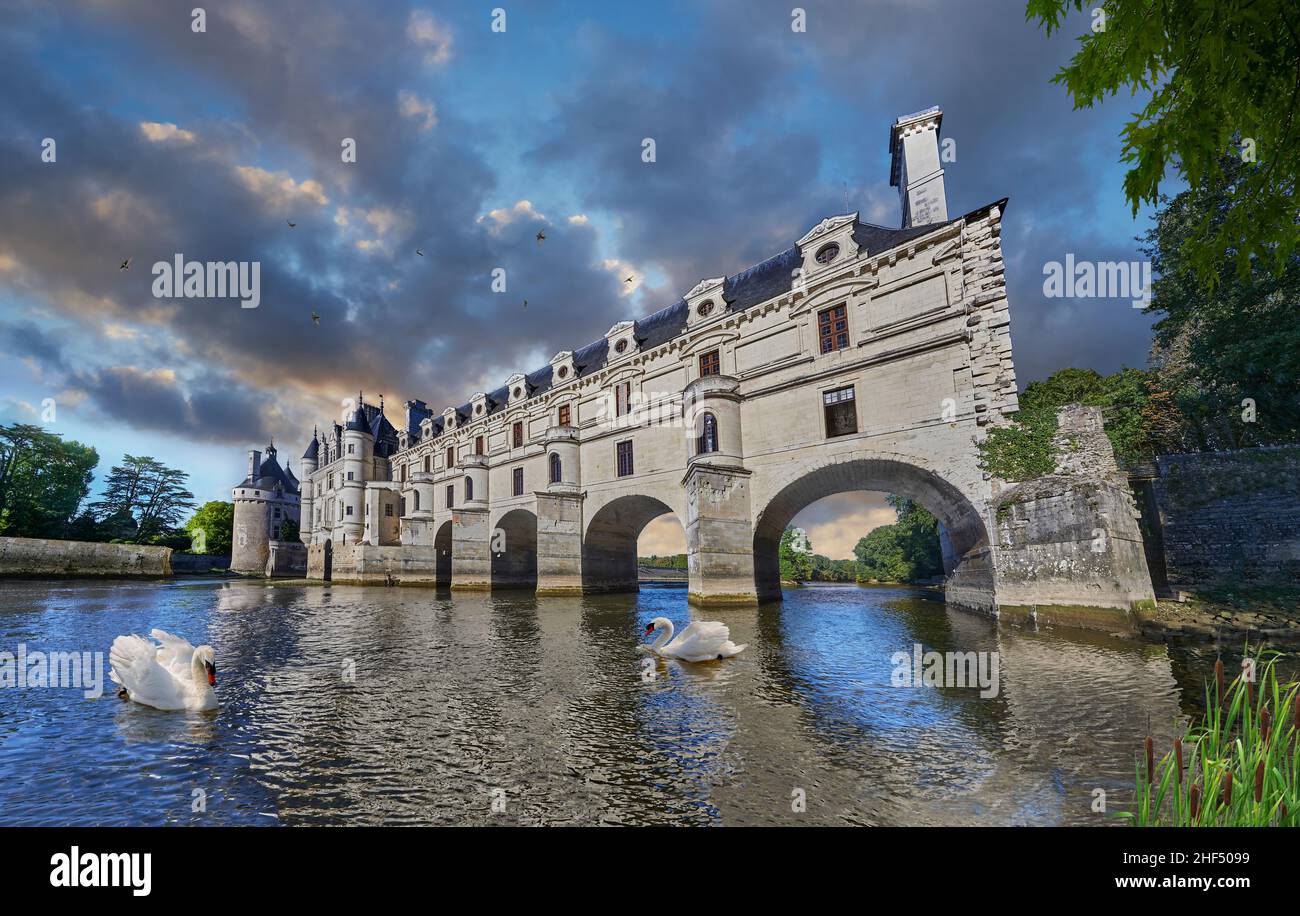 The Renaissance Chateau de Chenonceau spanning the river Cher, Indre-et ...