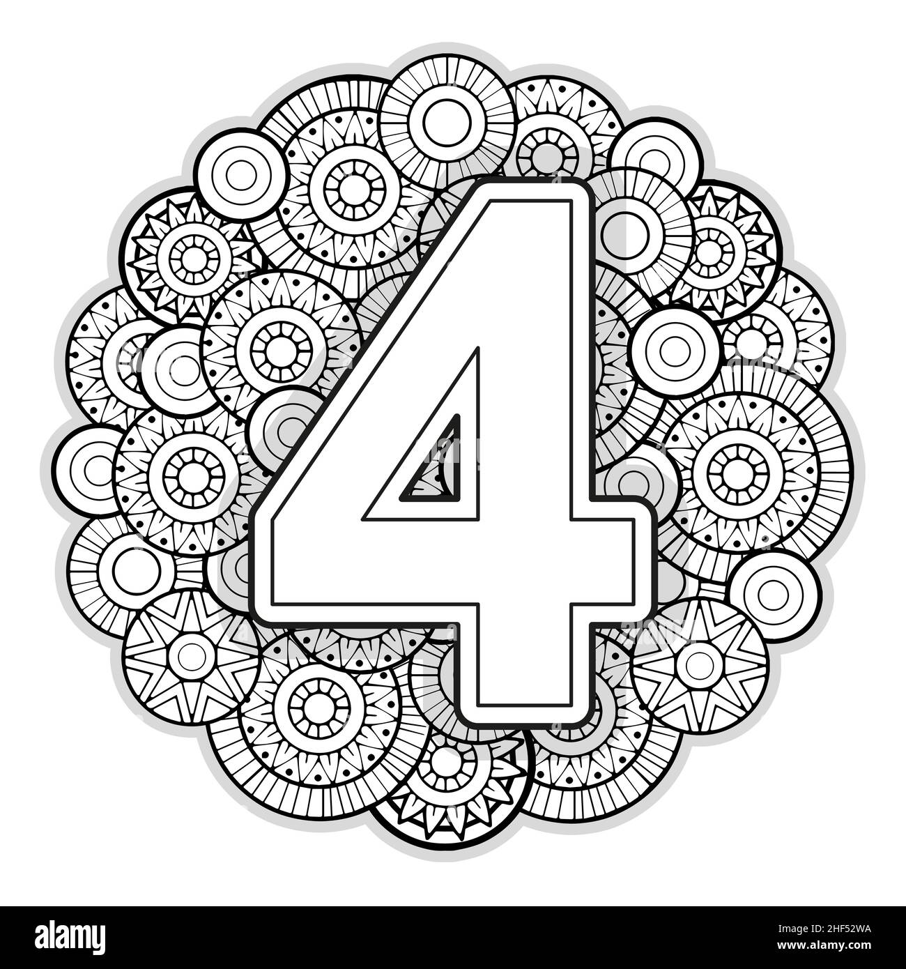 Vector Coloring page for adults. Contour black and white Number 4 on a ...