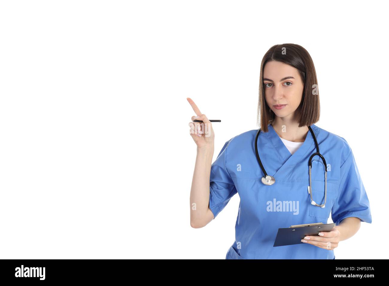 Female trainee nurse isolated on white background Stock Photo - Alamy