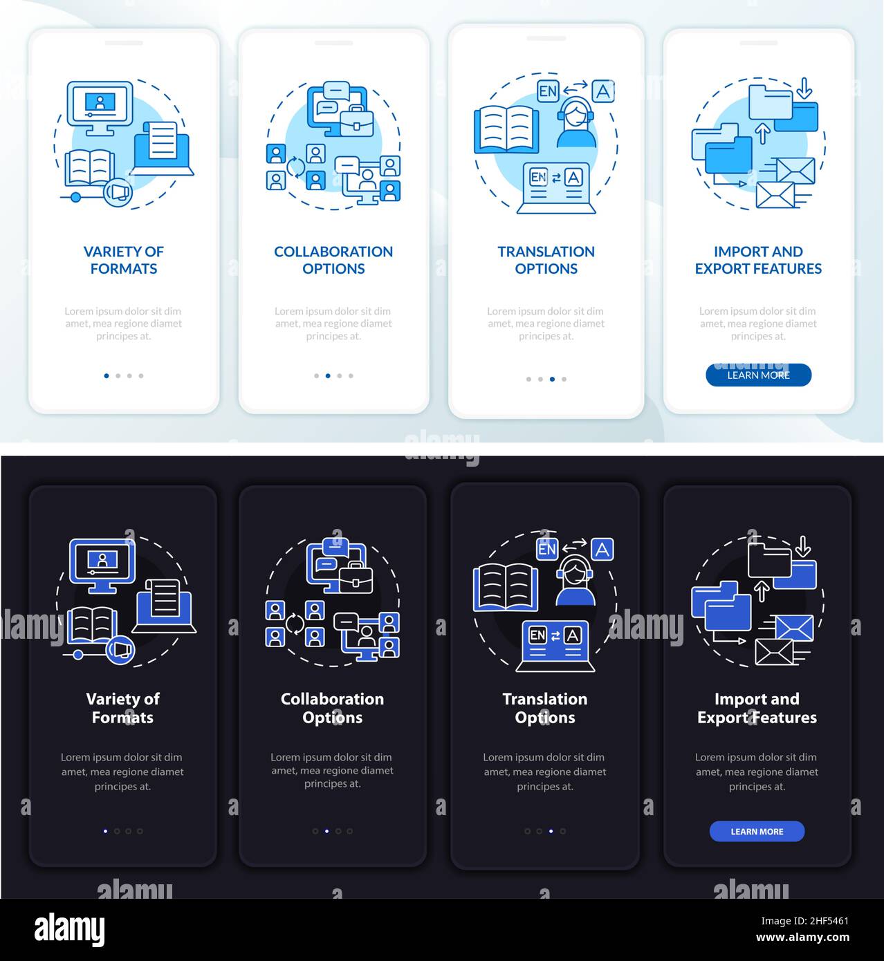 Elearning platform feature night, day mode onboarding mobile app screen ...
