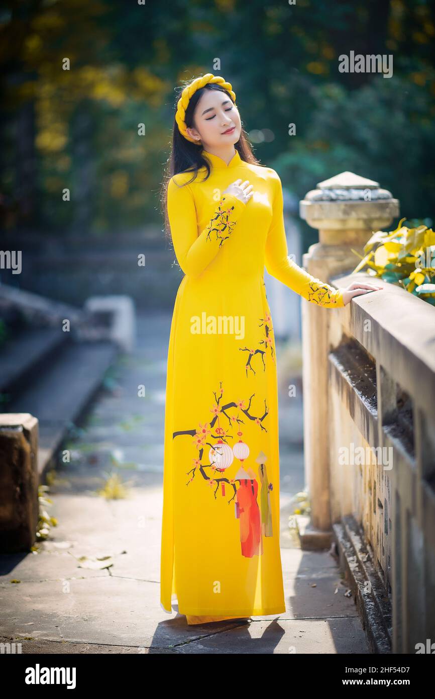 Ho Chi Minh city, Viet Nam: Ao Dai, Beautiful girl in Vietnamese traditional costume Stock Photo ...