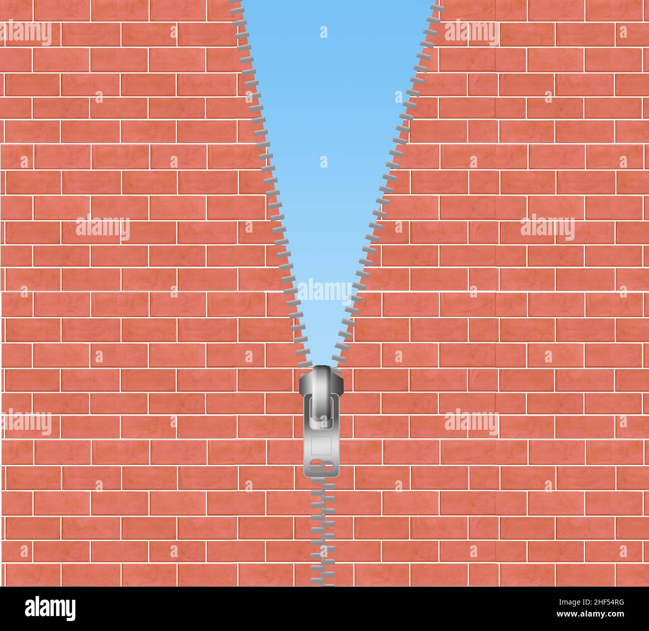 A red brick wall has a zipper that has opened part of the wall to ...
