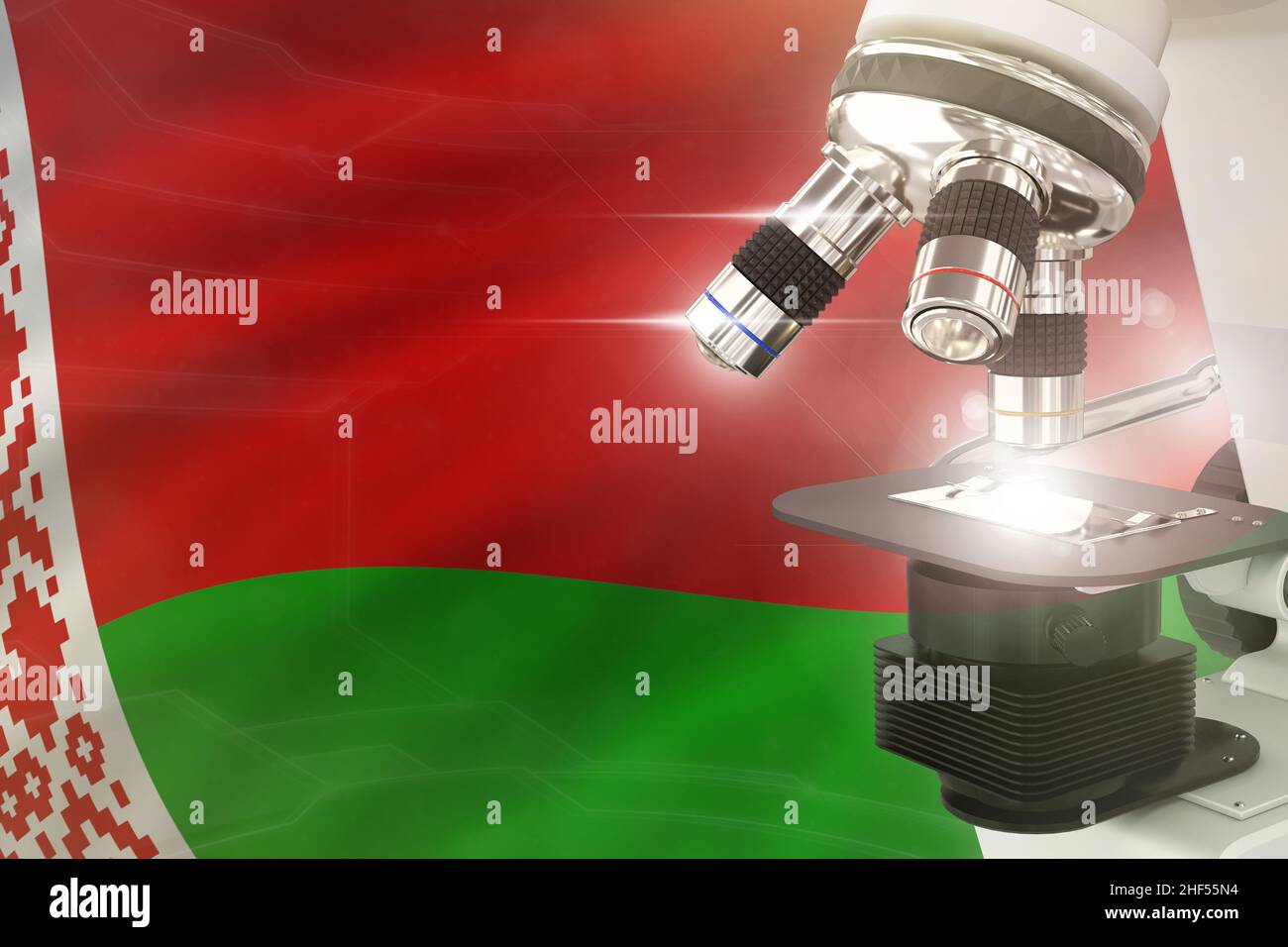 Belarus science development concept - microscope on flag background ...