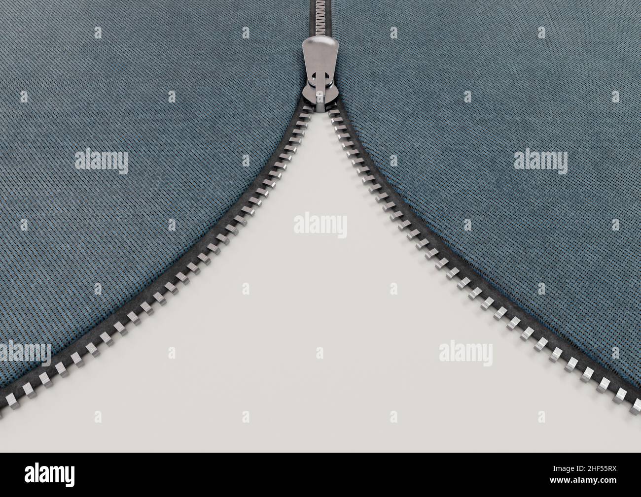 A concept showing a flat blue fabric item joined with a parting metal ...