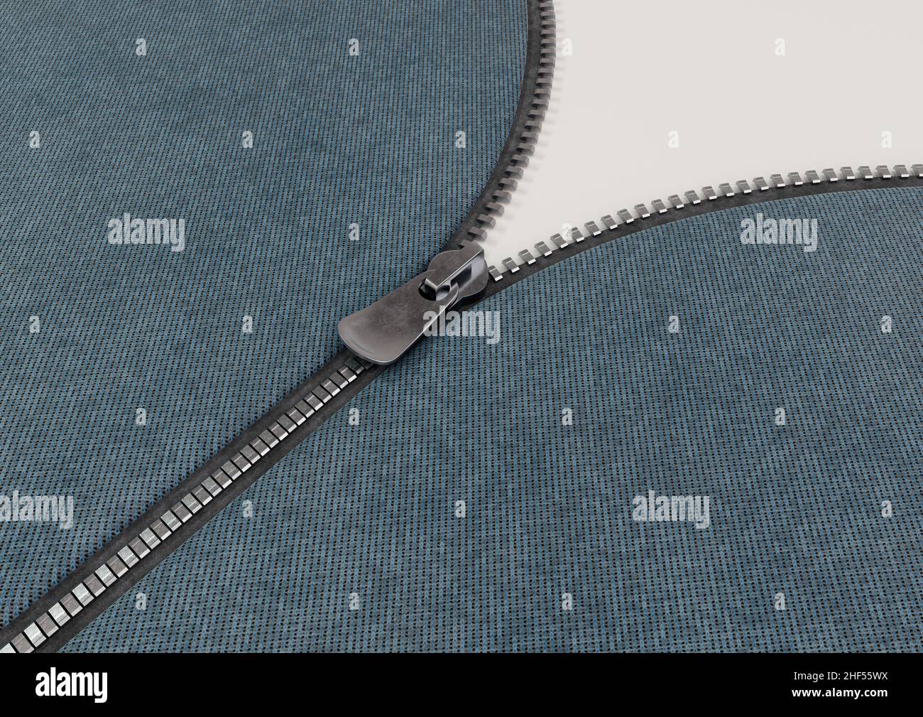 A concept showing a flat blue fabric item joined with a parting metal ...