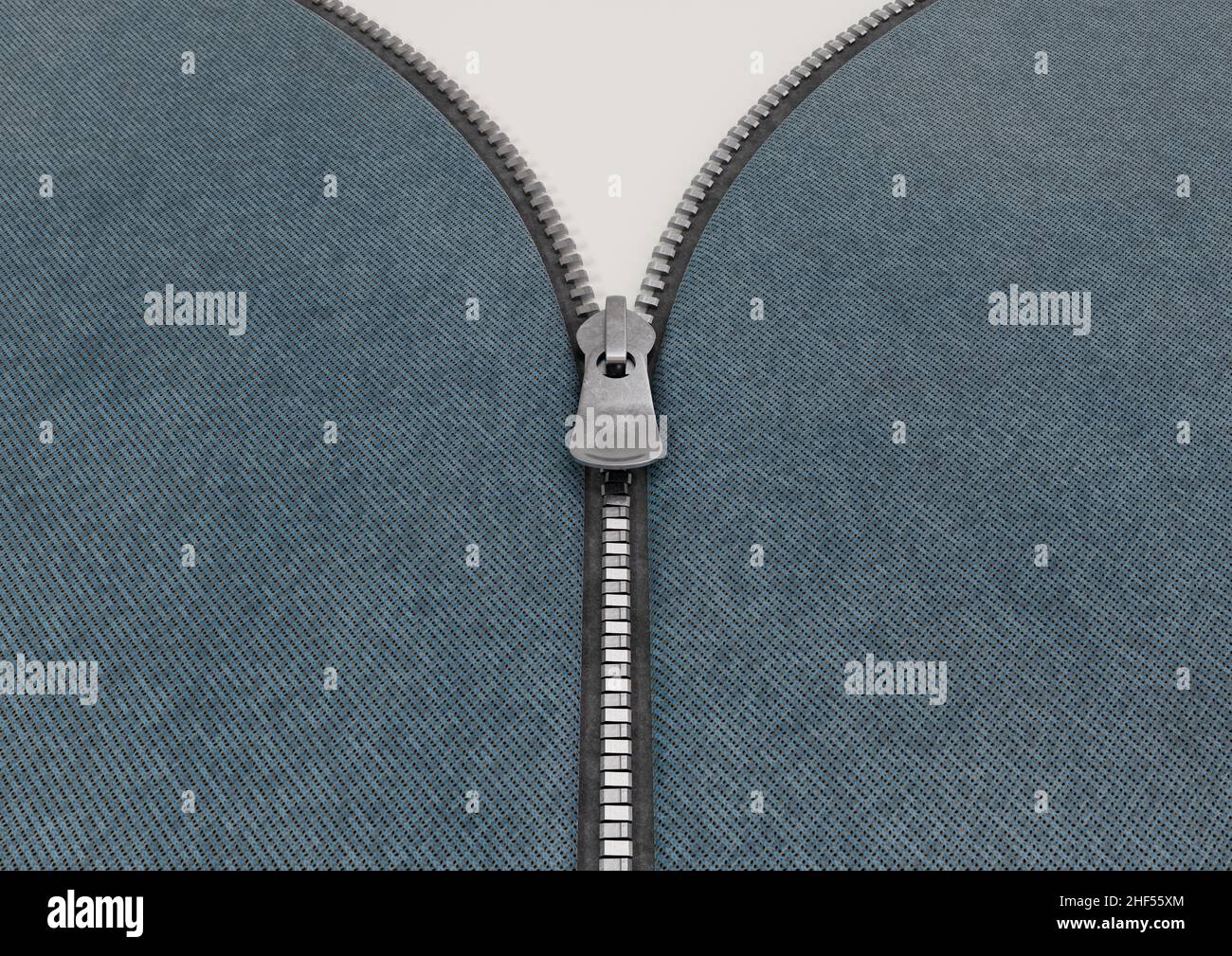 A concept showing a flat blue fabric item joined with a parting metal ...