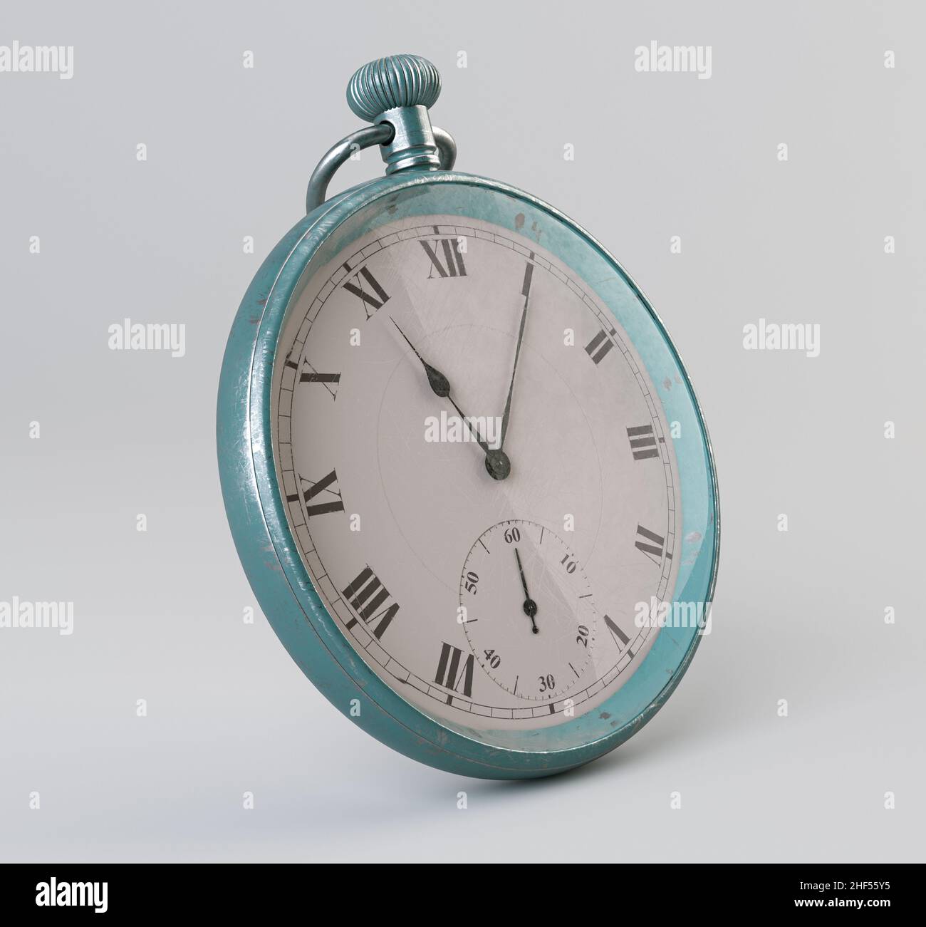 A closeup of an intricate eggshell blue antique pocket watch on an ...