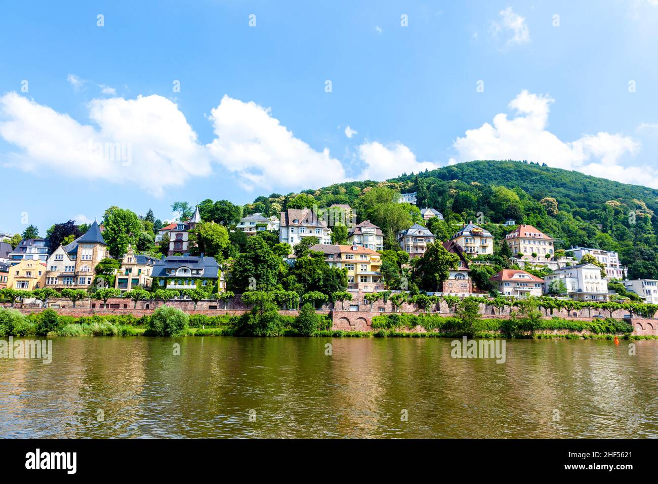 Neckar valley with reflection of Heidelberg houses at the river Stock ...