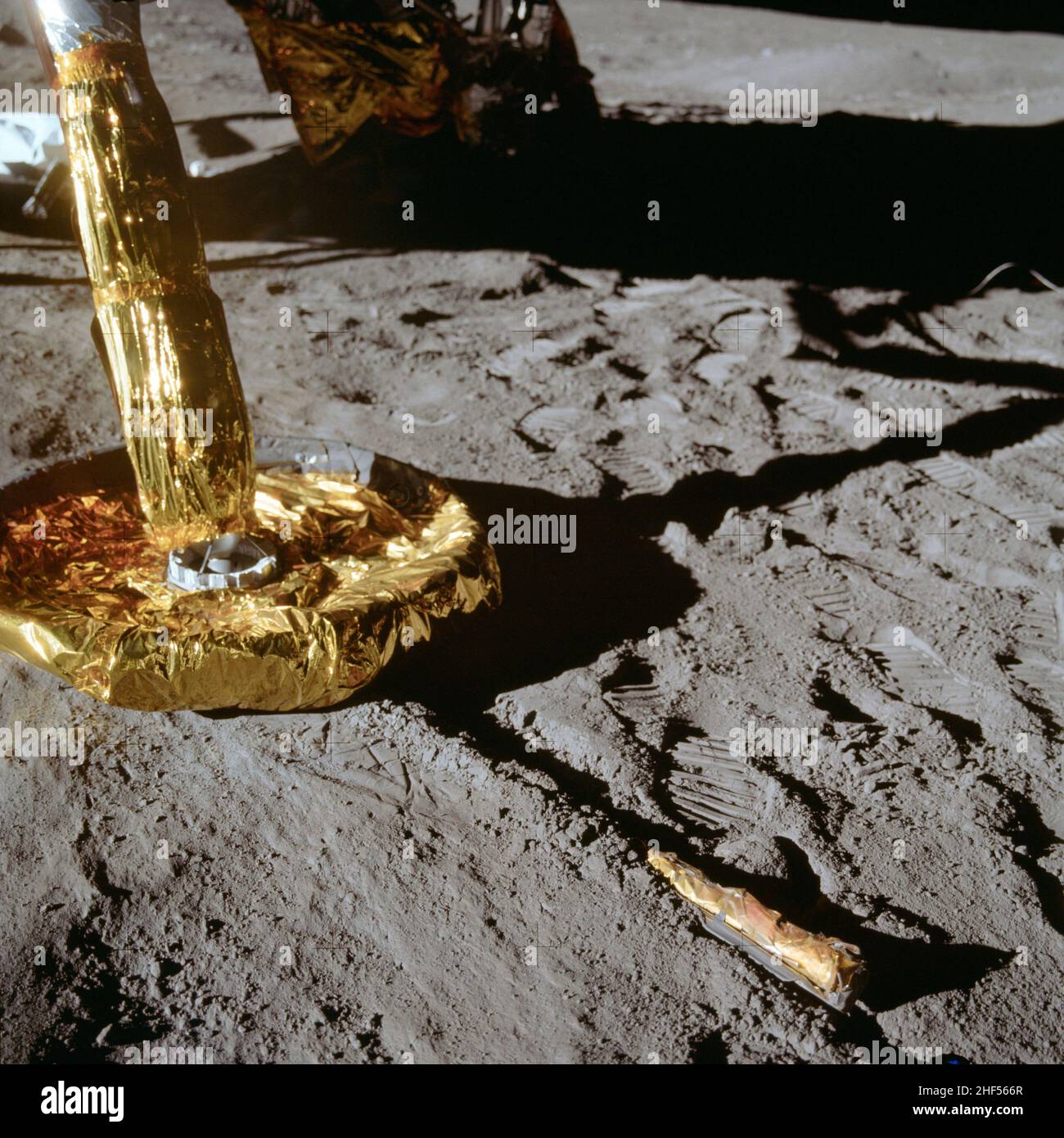 A close-up view of a footpad of the Apollo 11 Lunar Module as it rested on the surface of the ...