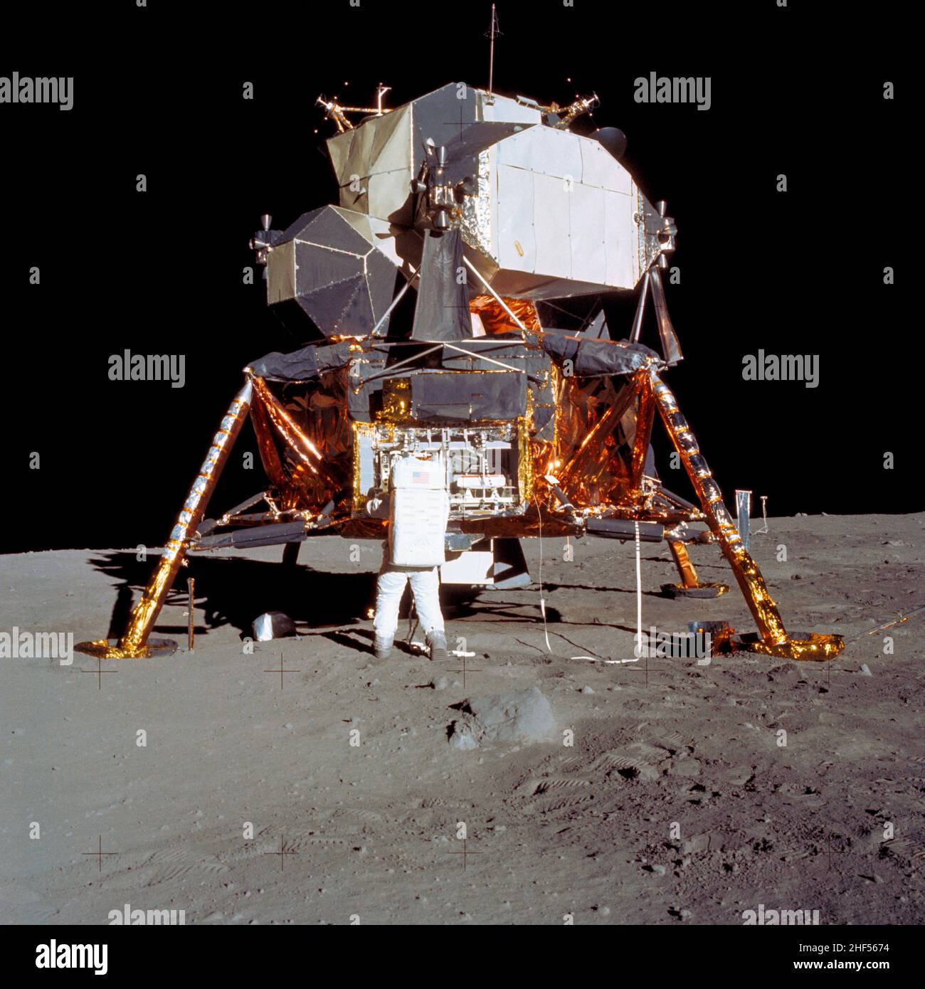 Astronaut Edwin E Aldrin Jr, Lunar Module (LM) pilot descends from the ...