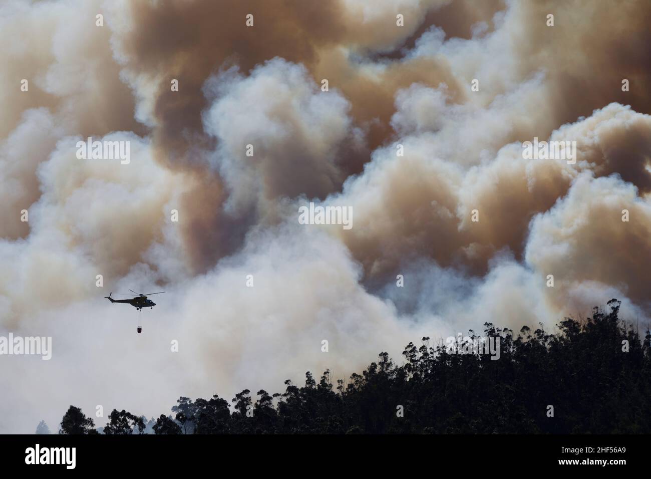 A fire helicopter with a bambi bucket in the clouds of a forest fire ...