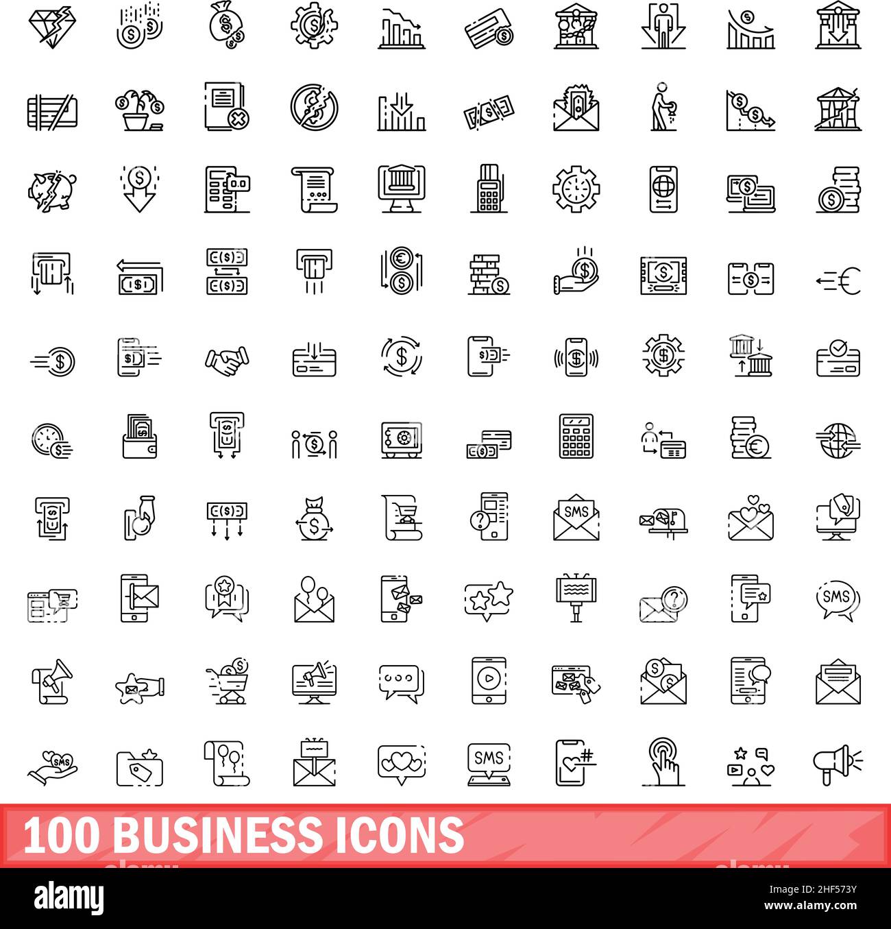 100 business icons set. Outline illustration of 100 business icons ...