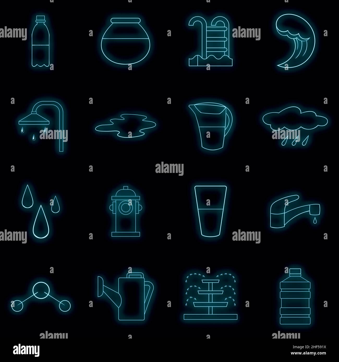 Water icons set. Illustration of 16 water vector icons neon color on ...