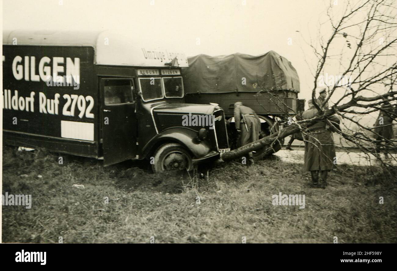 WWII WW2 german soldiers in Westen Germany, 1939 - car crash, truck ...