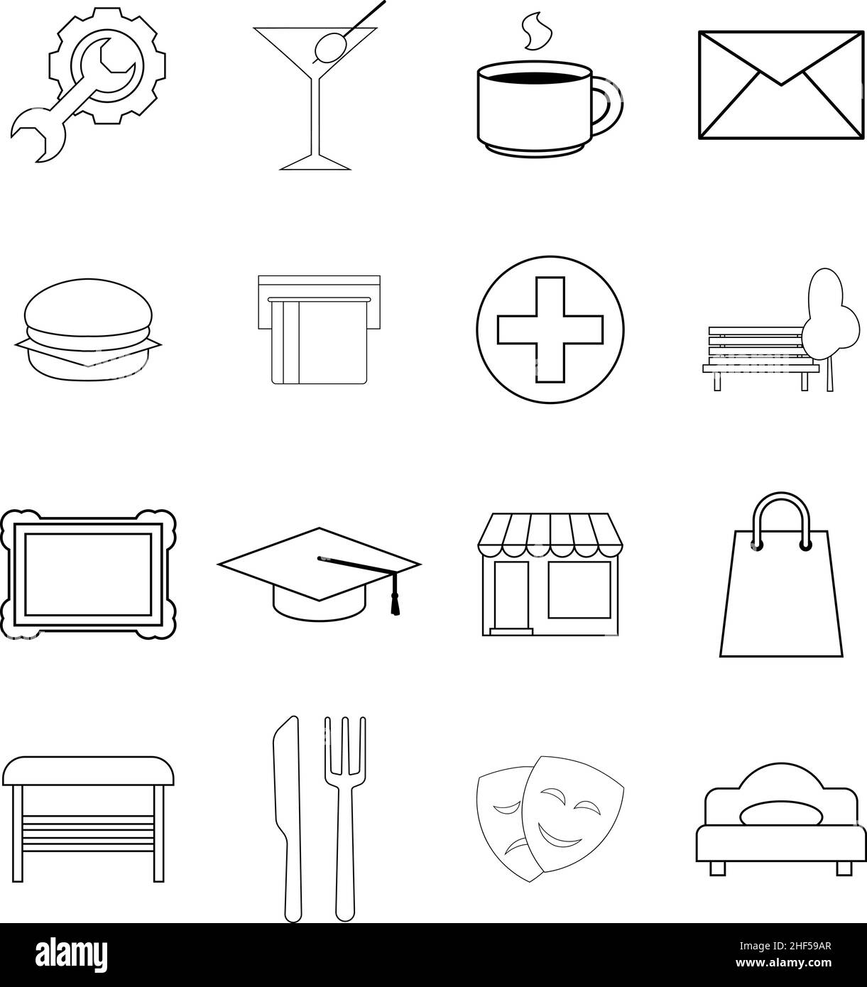 Map landmarks objects set icons in outline style isolated on white ...