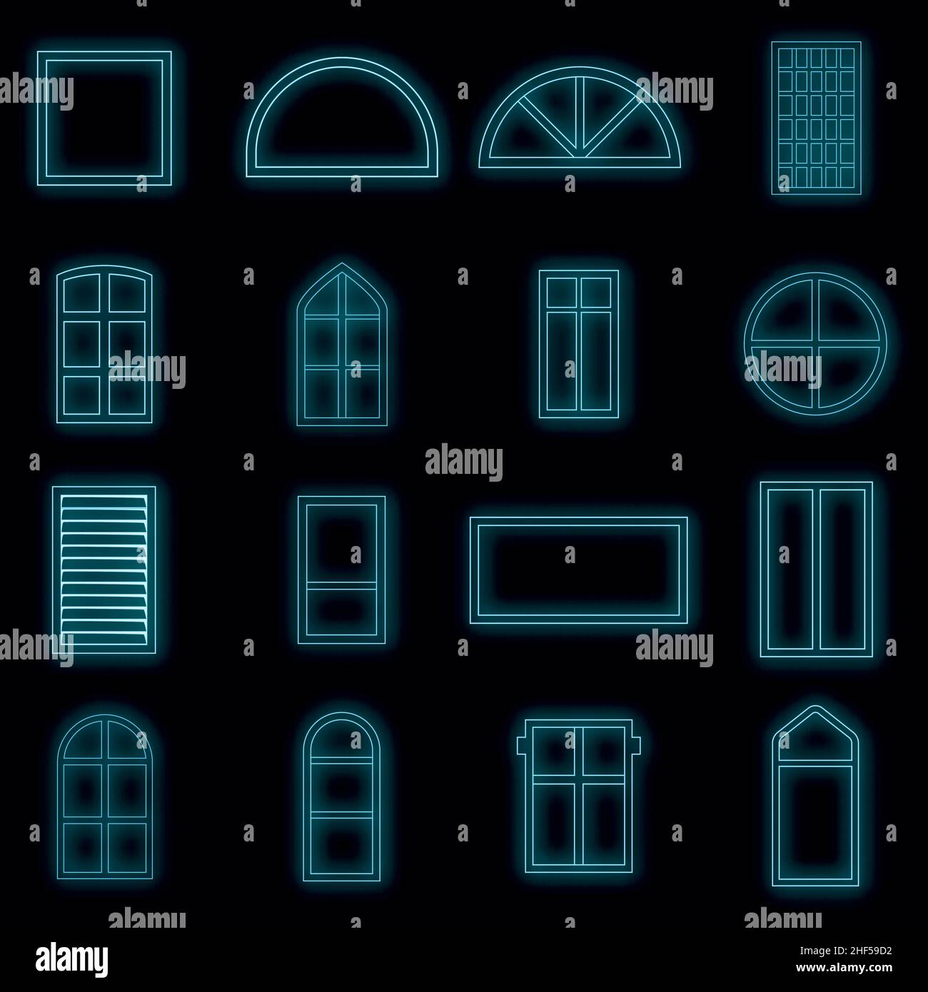 Window design types icons set. Illustration of 16 window design types ...