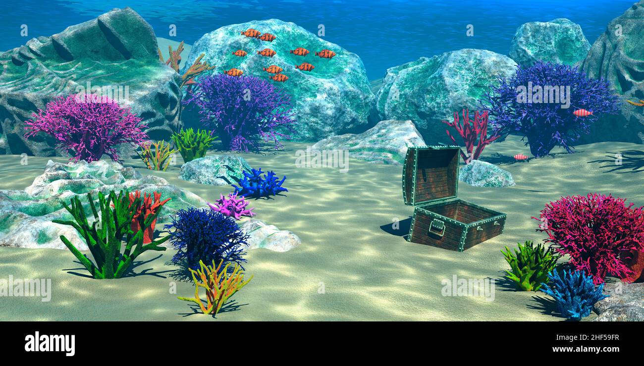 3D rendering of a beautiful underwater coral reef landscape, blue ocean ...