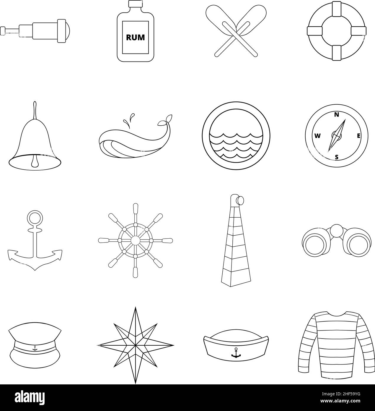 Nautical set icons in outline style isolated on white background Stock ...