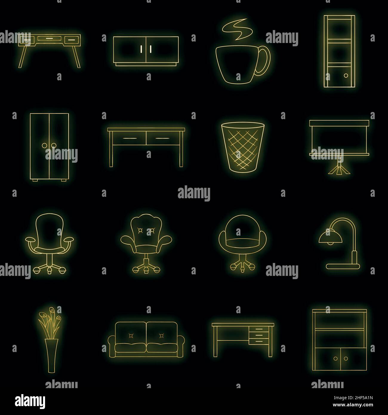 Office furniture interior icons set. Illustration of 16 office ...