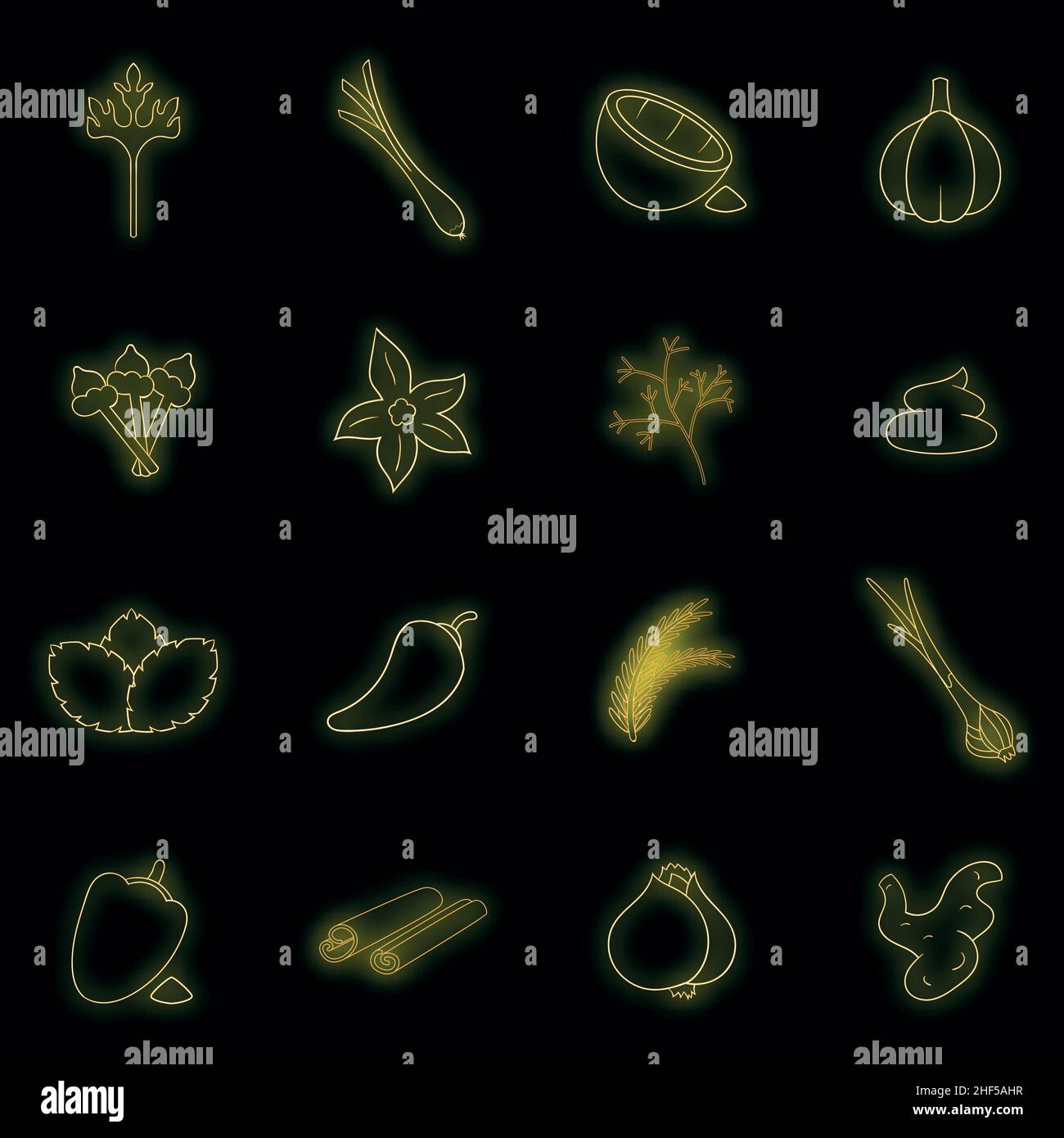 Spice icons set. Illustration of 16 spice vector icons neon color on ...