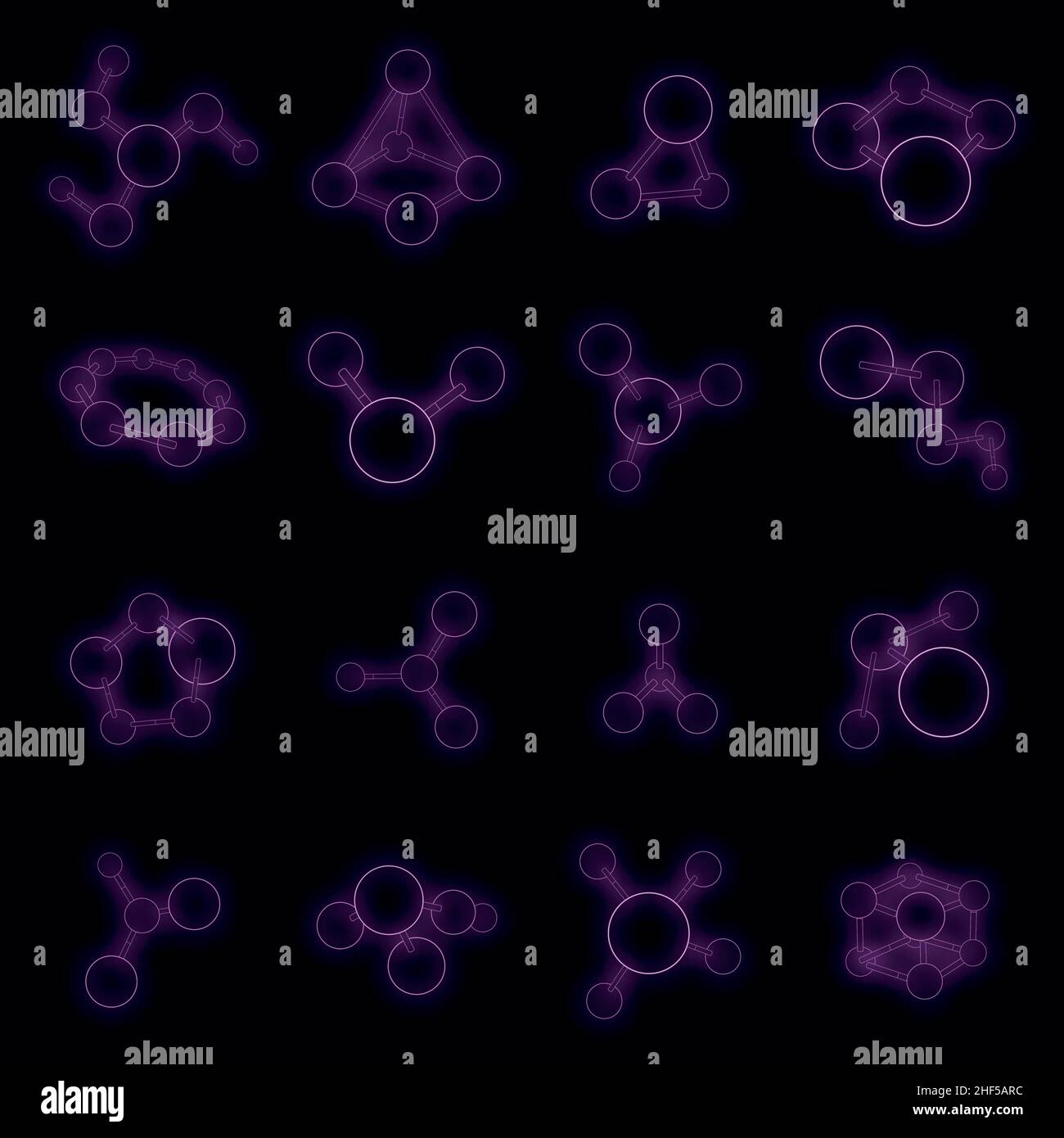 Molecule icons set. Illustration of 16 molecule vector icons neon color ...
