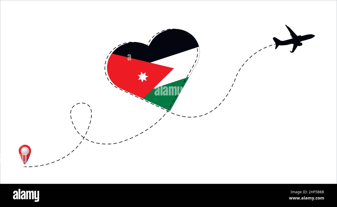 Airplane flight route with Jordan flag inside the heart. Travel to your ...