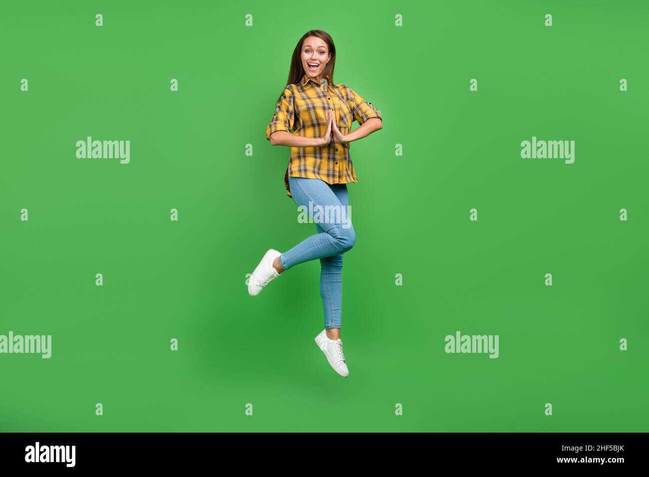 Full length portrait of overjoyed cheerful girl arm palms plead look ...