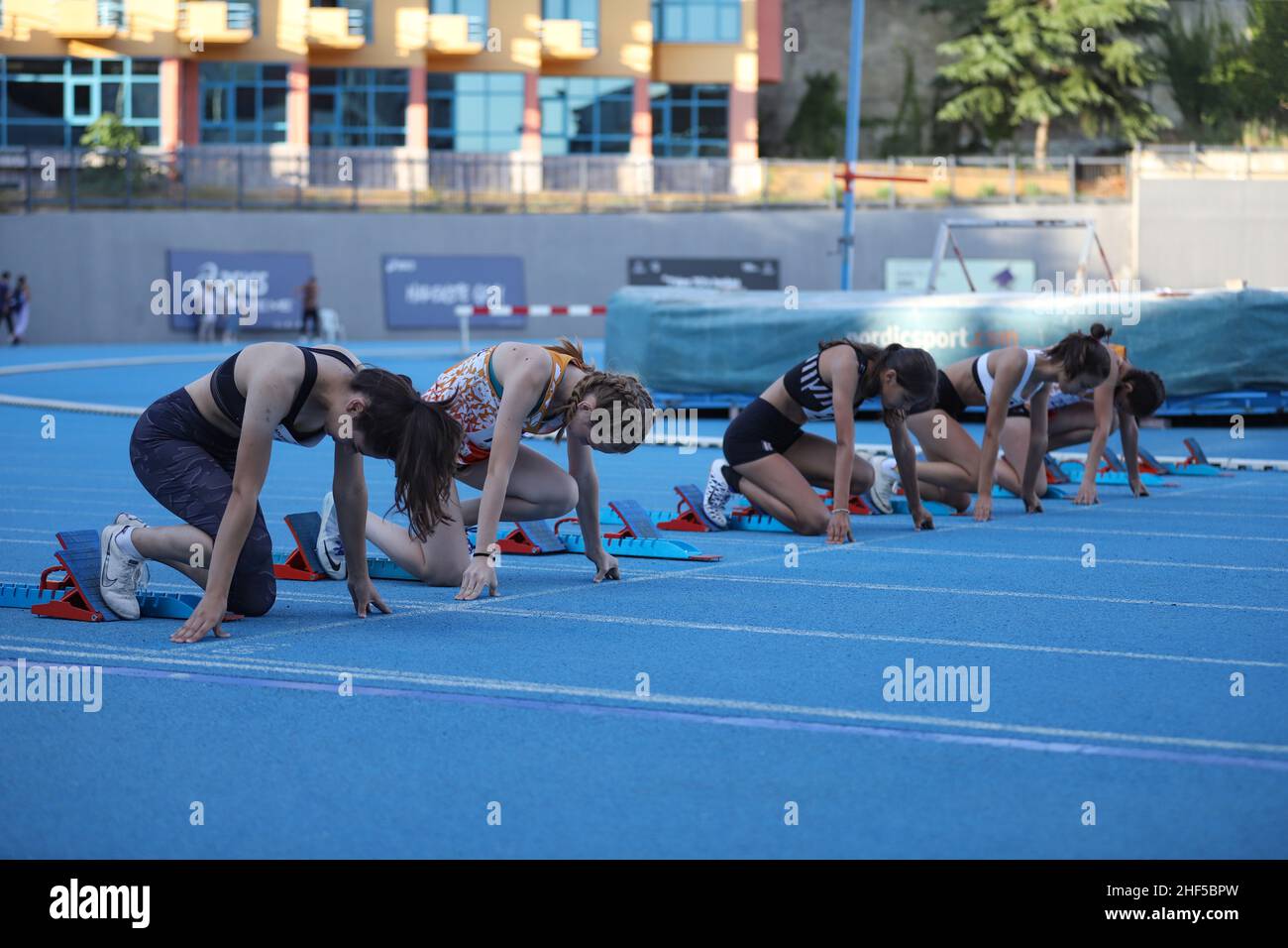 ISTANBUL, TURKEY - AUGUST 07, 2021: Athletes running 100 metres during ...