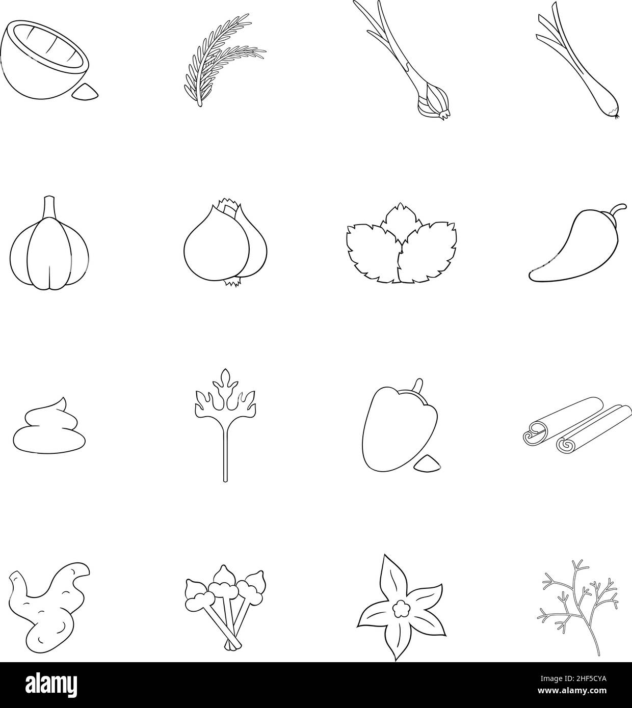 Spice set icons in outline style isolated on white background Stock ...