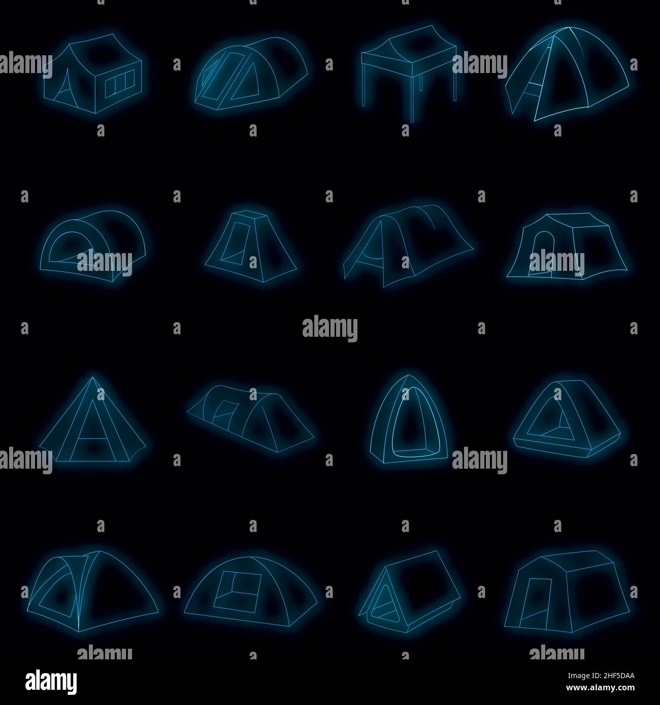 Tent forms icons set. Illustration of 16 tent forms vector icons neon ...