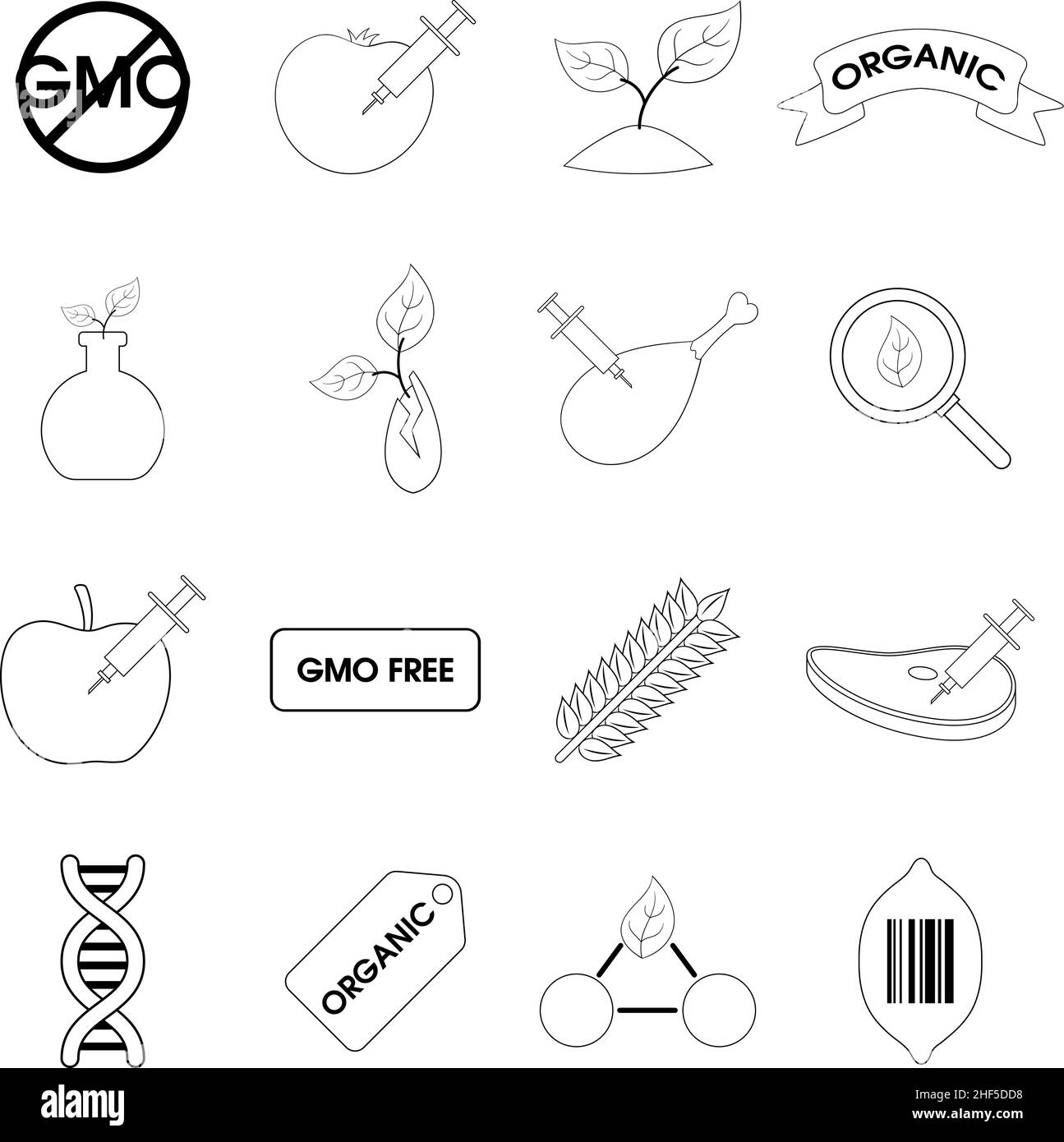 GMO goods set food. Flat illustration of 16 GMO goods vector set icons ...