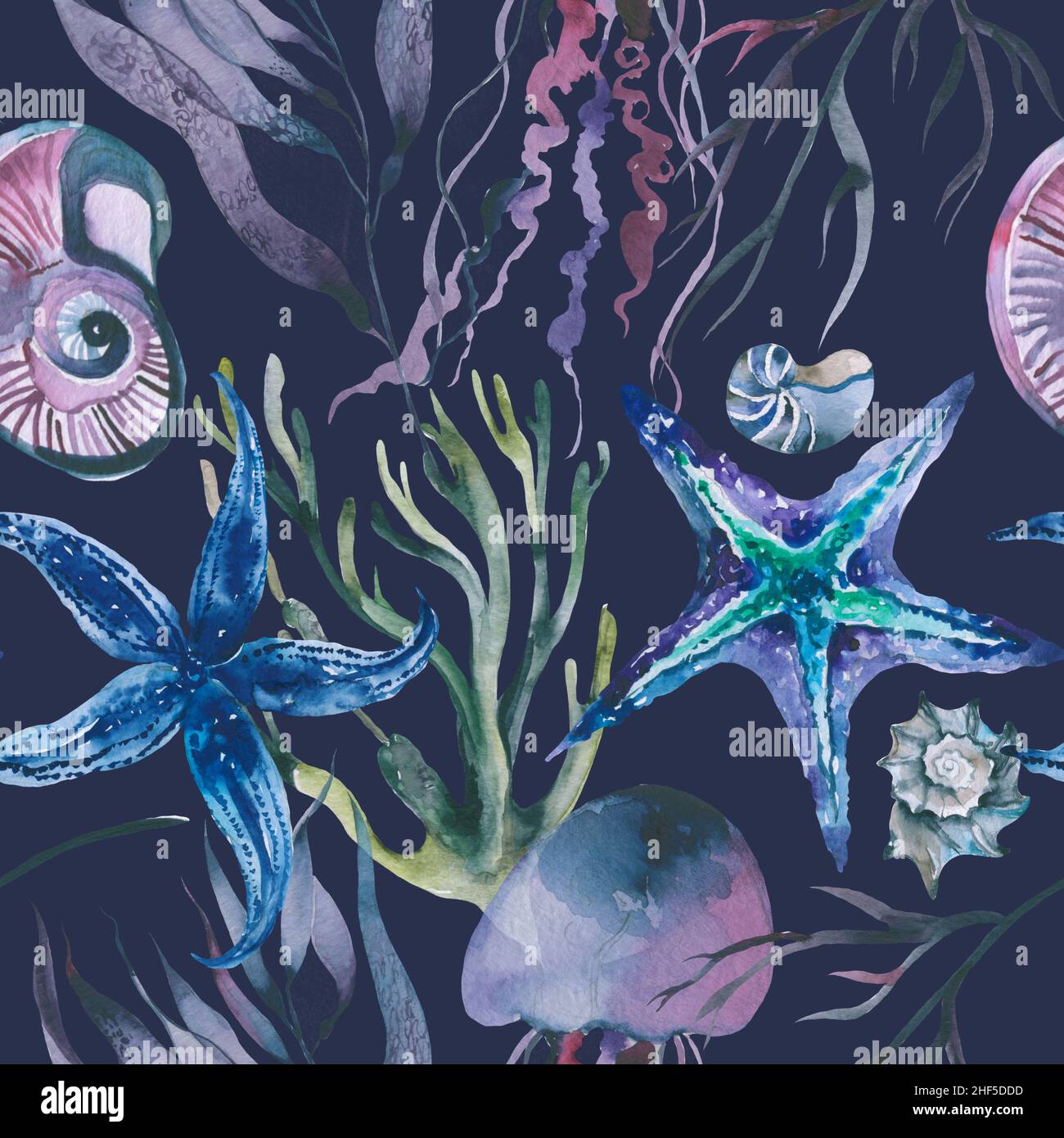 Sea life watercolor seamless pattern illustration. Sea weed Sea animals ...